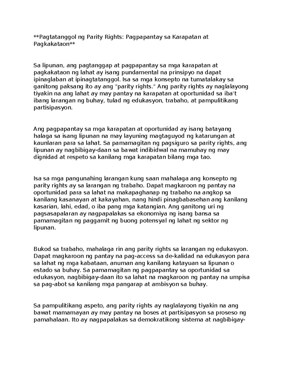 Parity Rights Essay - Pagtatanggol ng Parity Rights: Pagpapantay sa ...