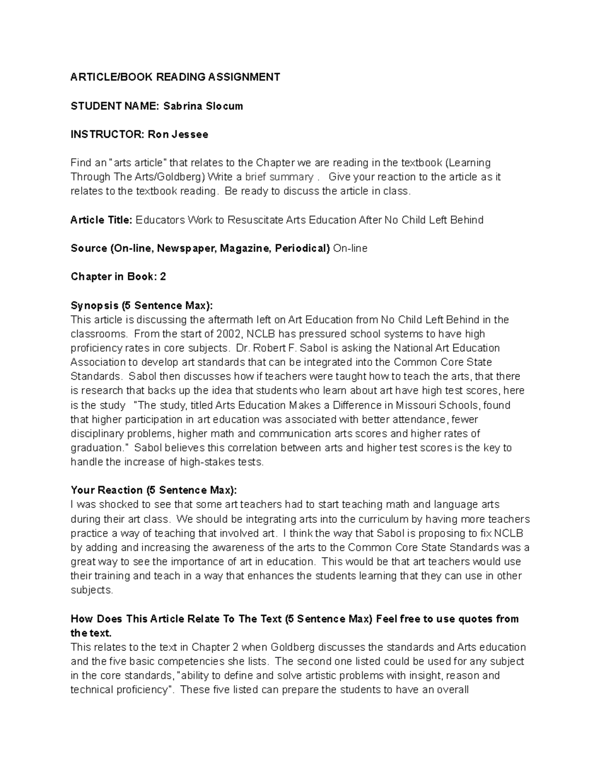 Article/BOOK Reading Assignment #2 - READING ASSIGNMENT STUDENT NAME ...