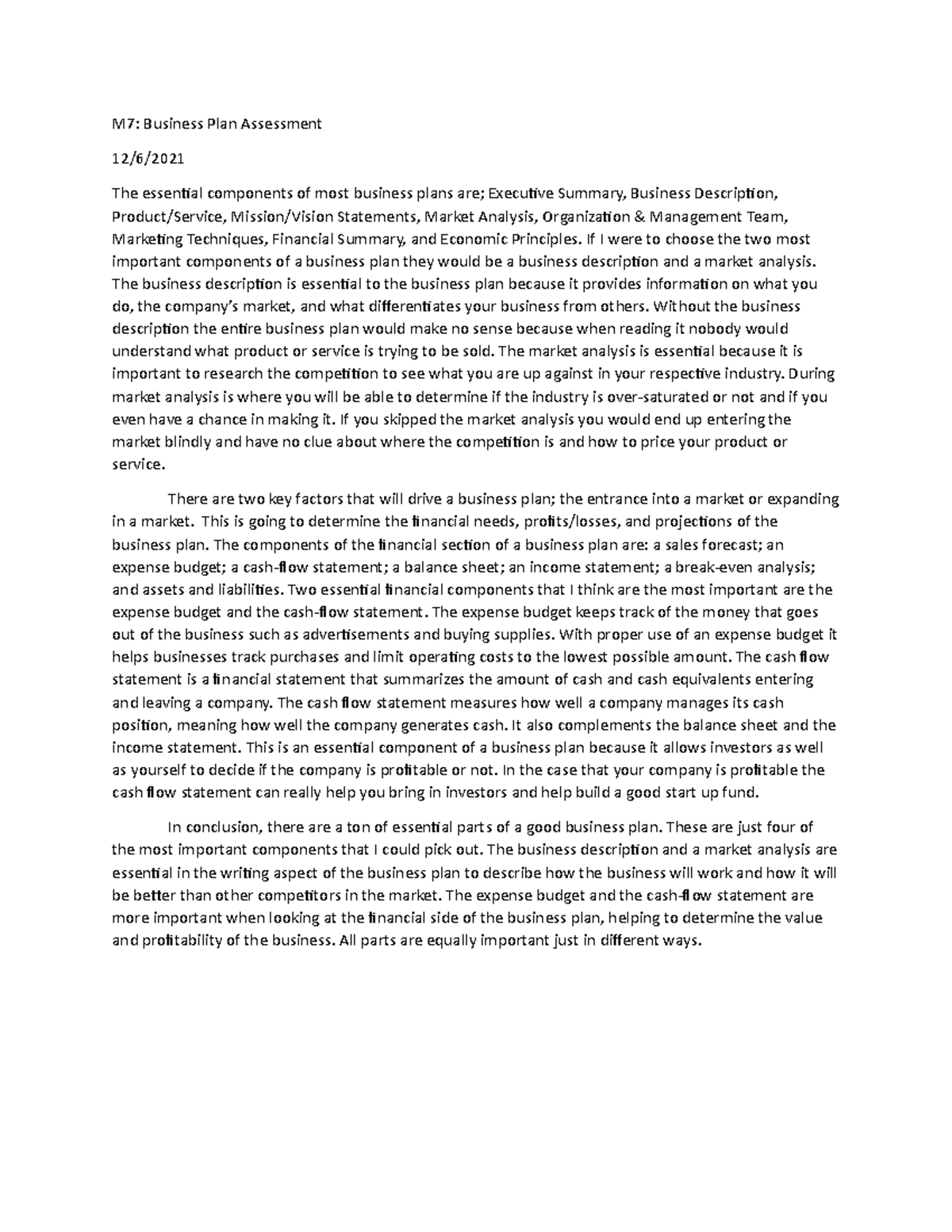 Business Plan Assesment M7 - M7: Business Plan Assessment 12/6/ The ...