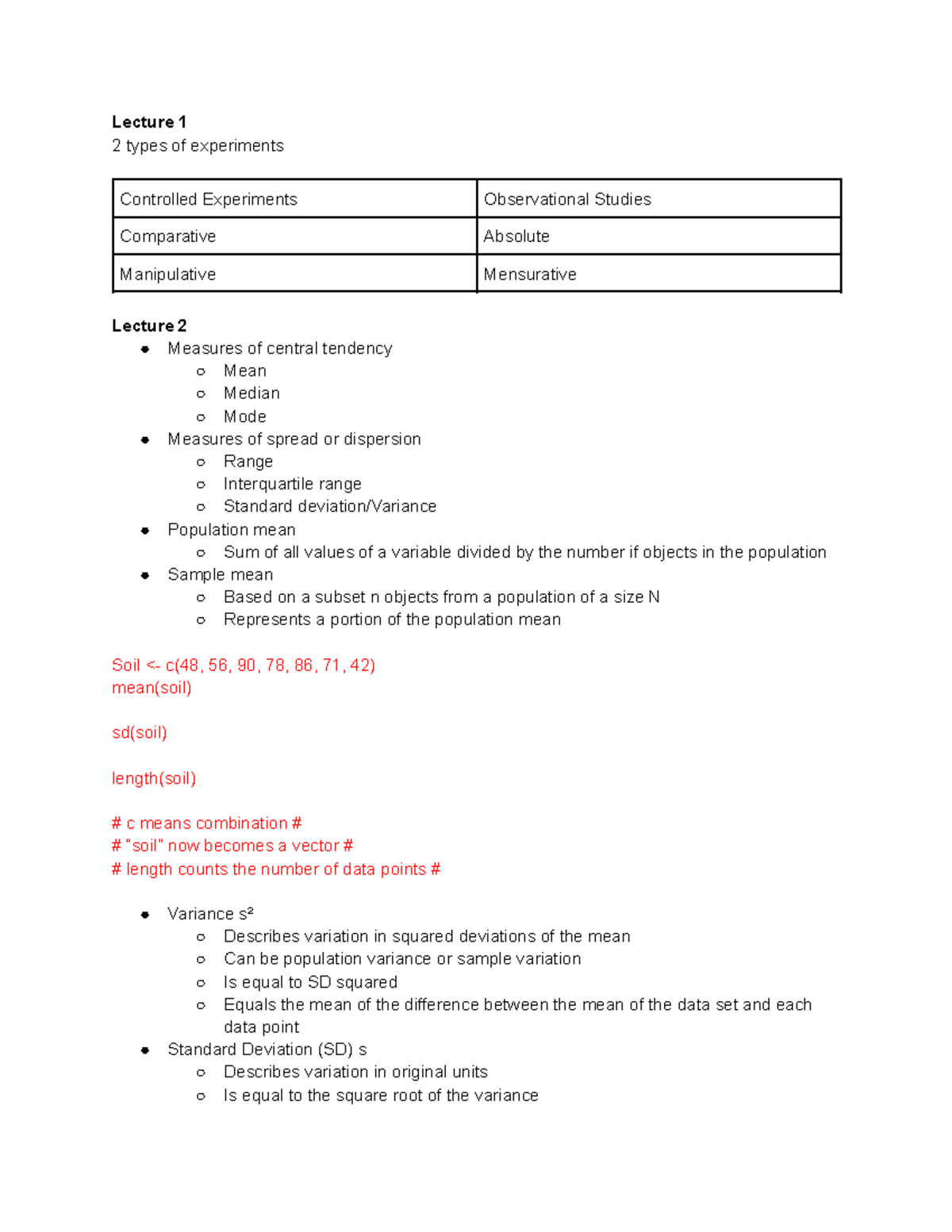 ENVX2001 Notes - Lecture 1 2 types of experiments Controlled ...