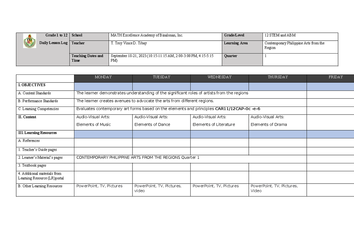Q1 W3 Contemporary Philippine Arts from the Region - Grade 1 to 12 ...