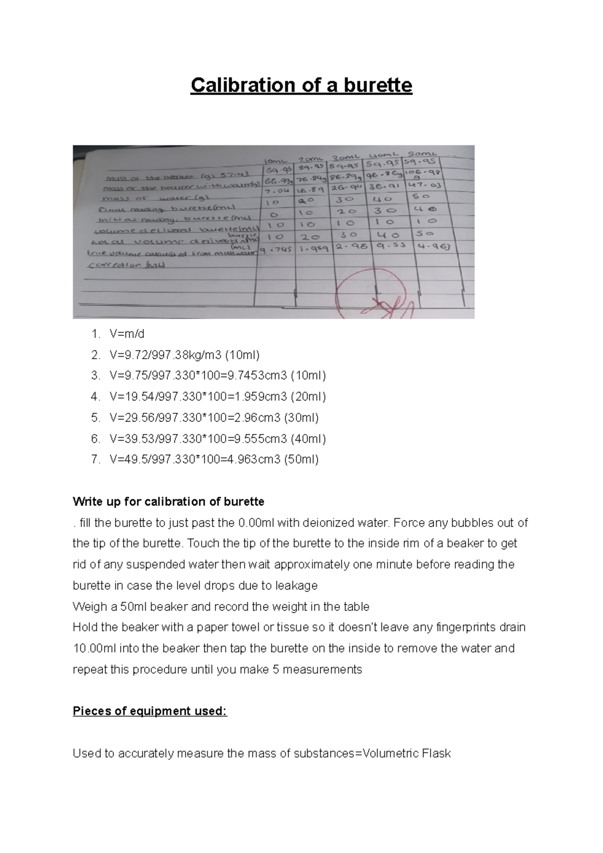 Calibration of a burette - Calibration of a burette V=m/d V=9.72/997/m3 ...