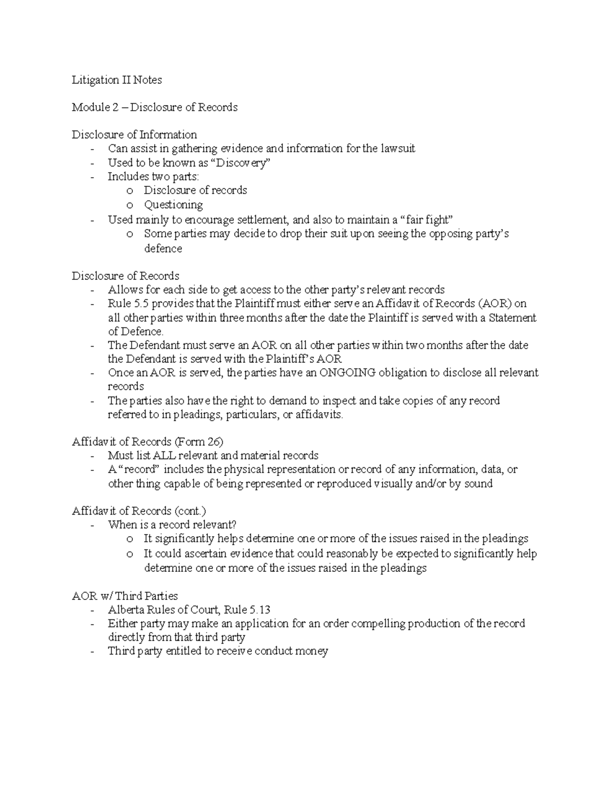 Litigation II Notes - Litigation II Notes Module 2 – Disclosure of ...