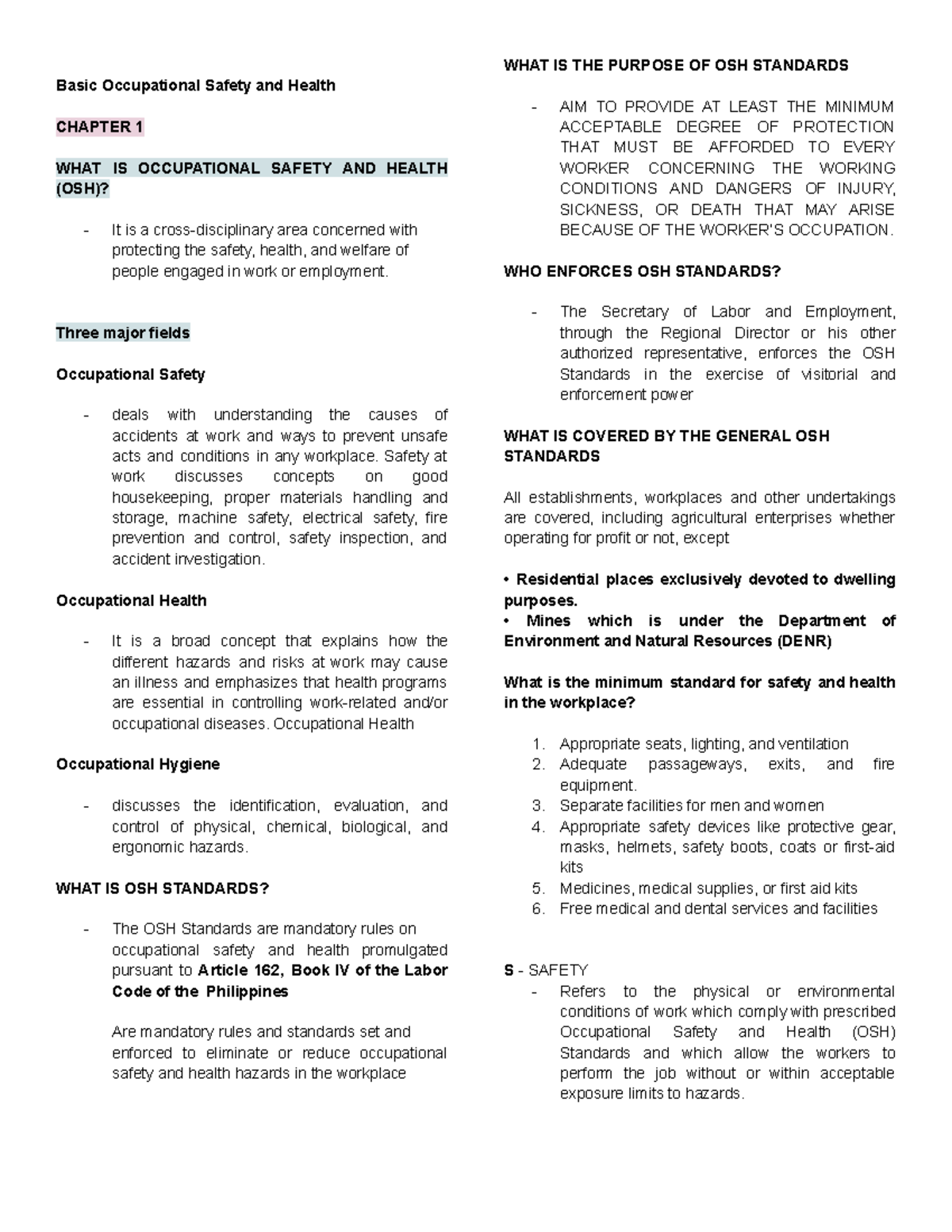 BOSH- Notes-2 - dafaf - Basic Occupational Safety and Health CHAPTER 1 ...