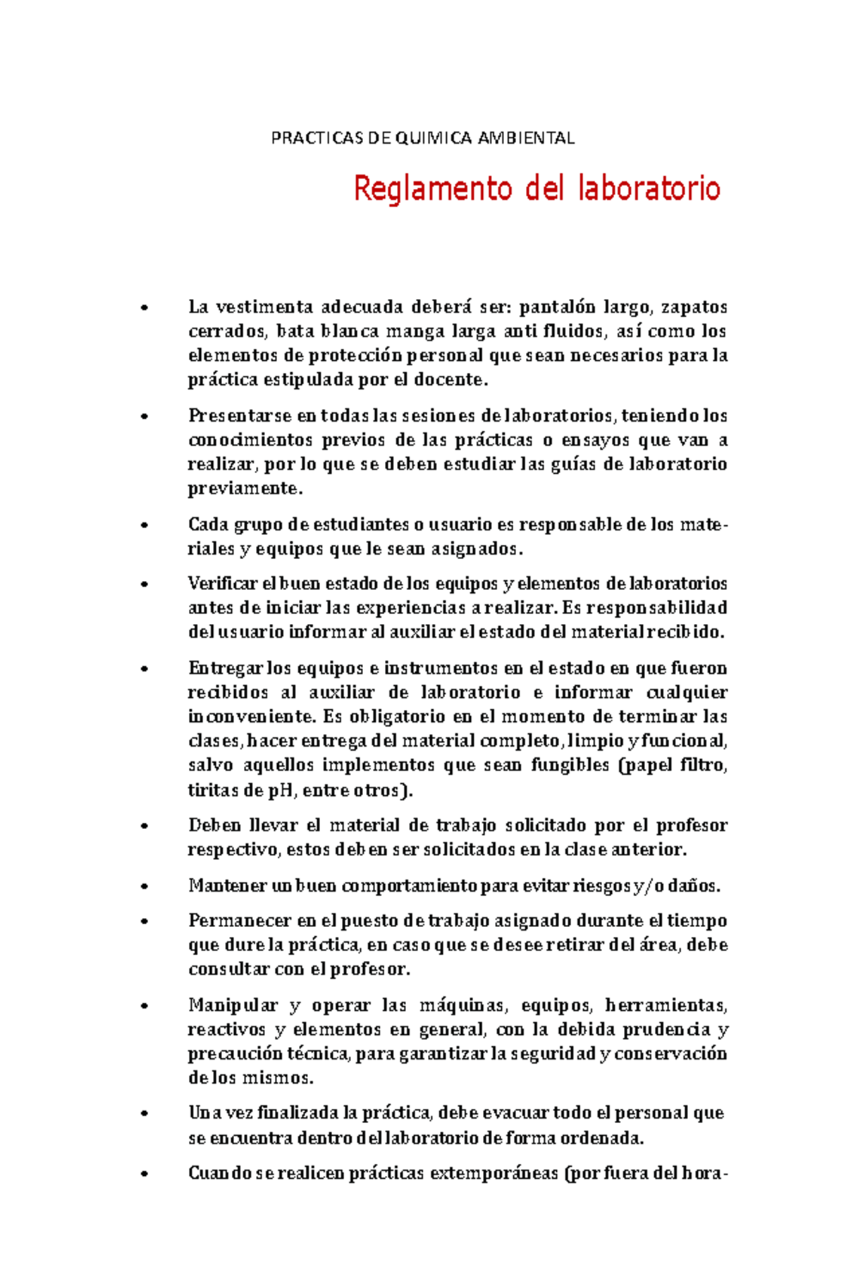 Practica Quimica Ambiental 01 - PRACTICAS DE QUIMICA AMBIENTAL Reglamento del laboratorio • La ...