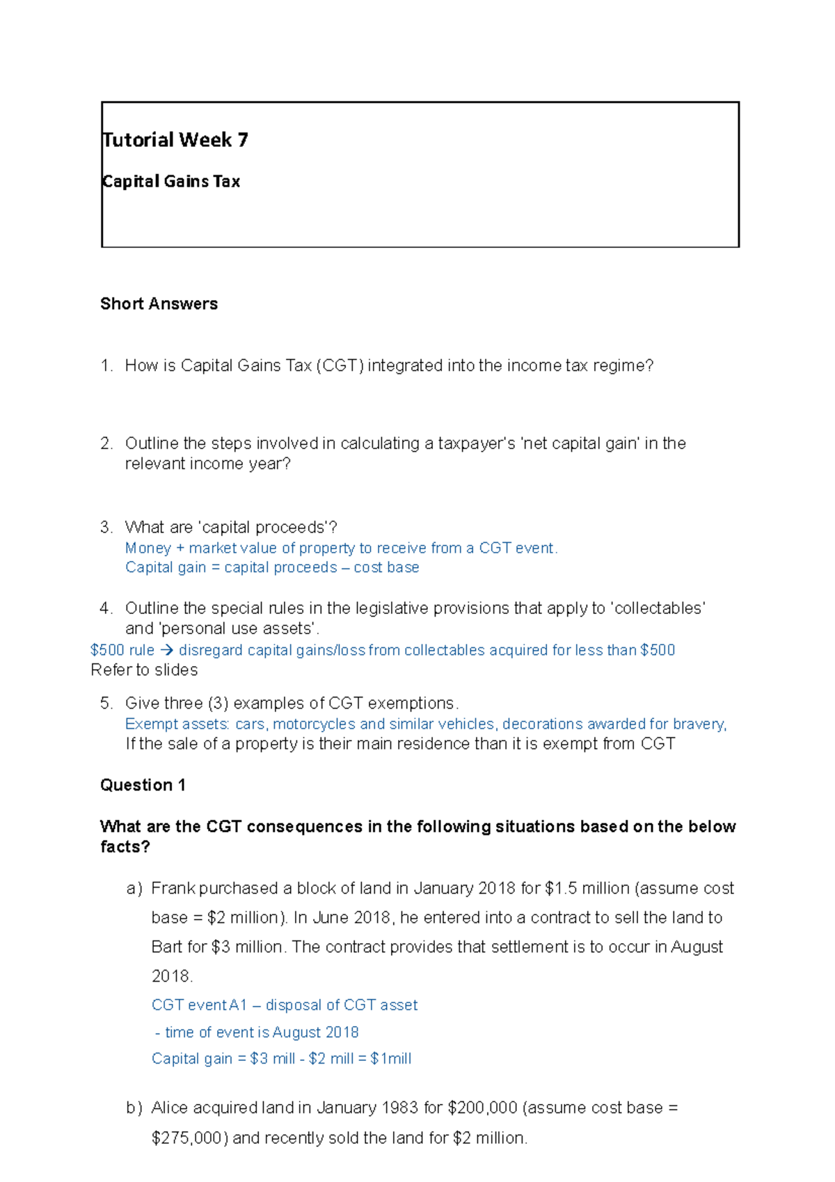 Capital gain tax - tutorial questions with answers - Tutorial Week 7 ...