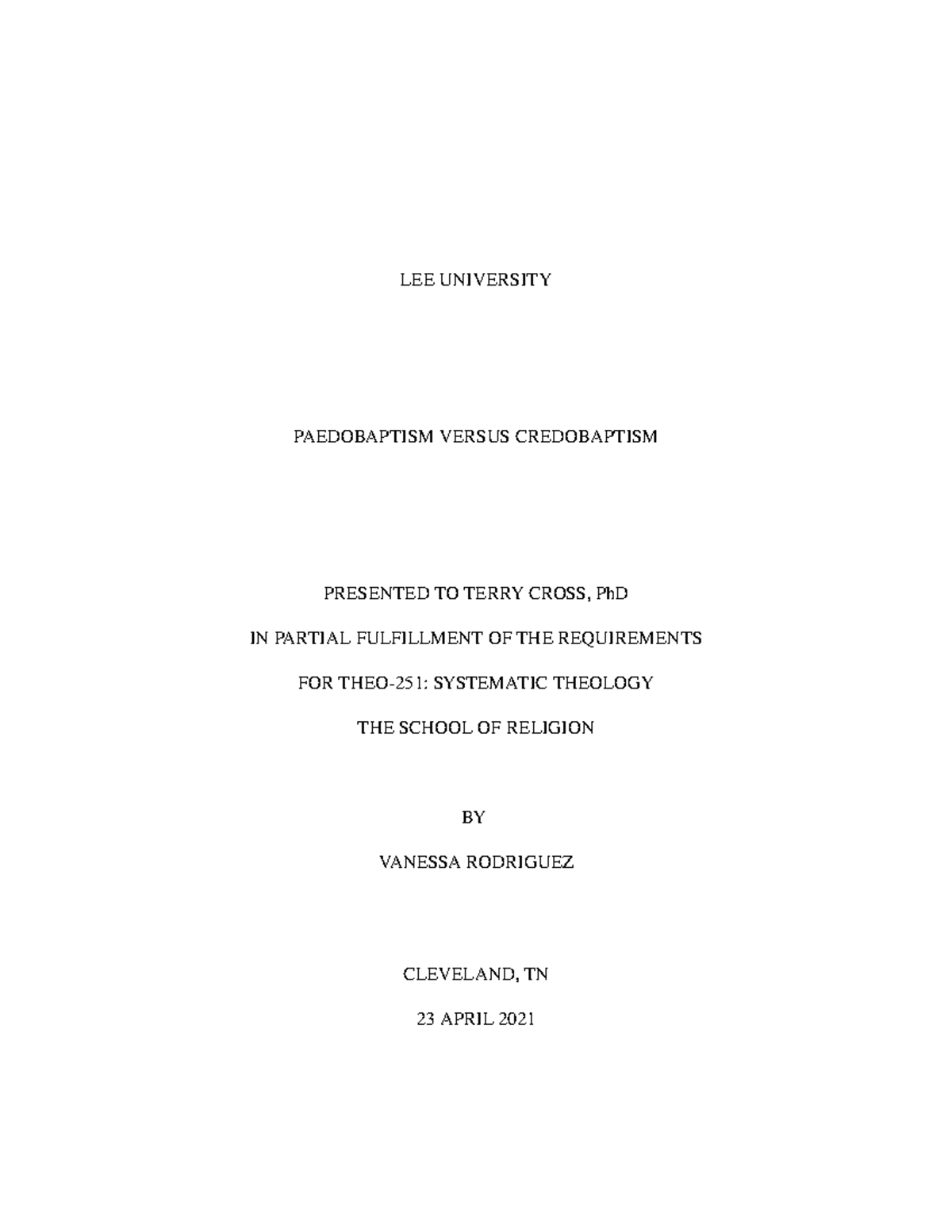 Systematic Theology Paper on Baptism - LEE UNIVERSITY PAEDOBAPTISM ...