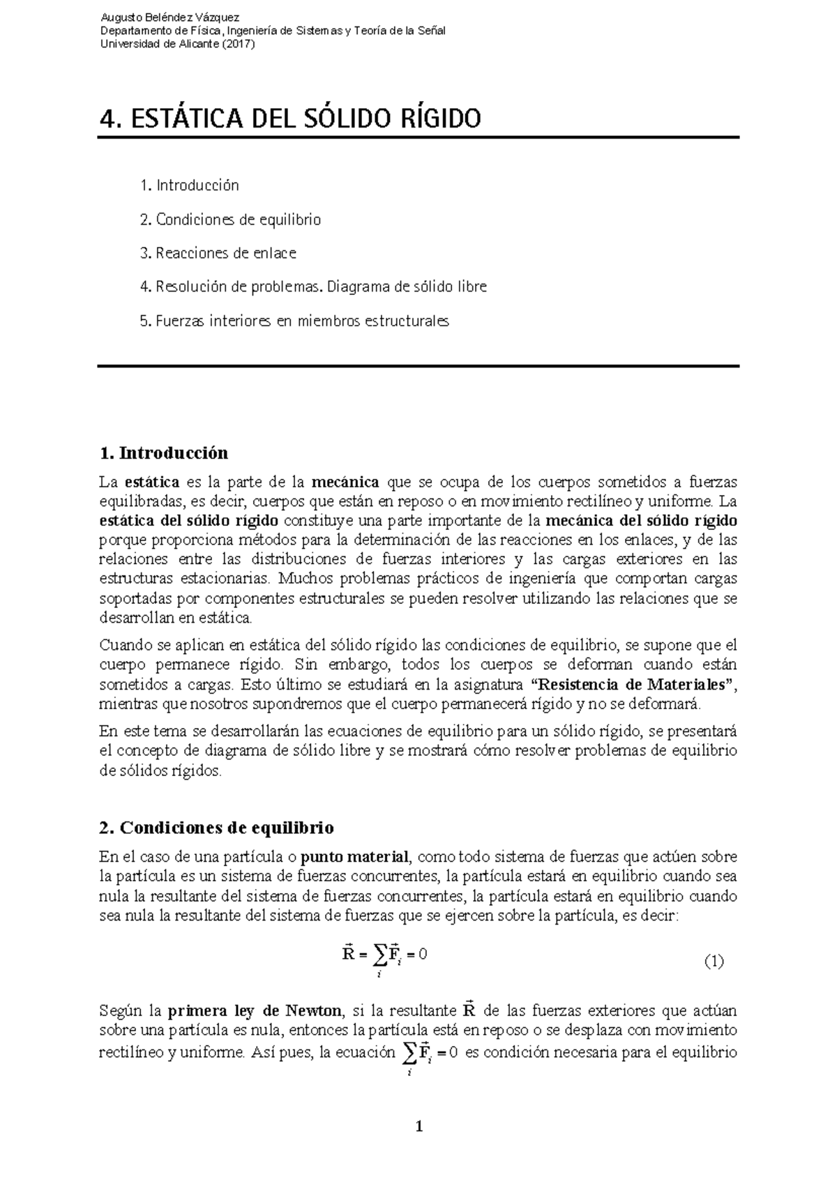 4 Estatica del solido rigido - 4. ESTÁTICA DEL SÓLIDO RÍGIDO ...
