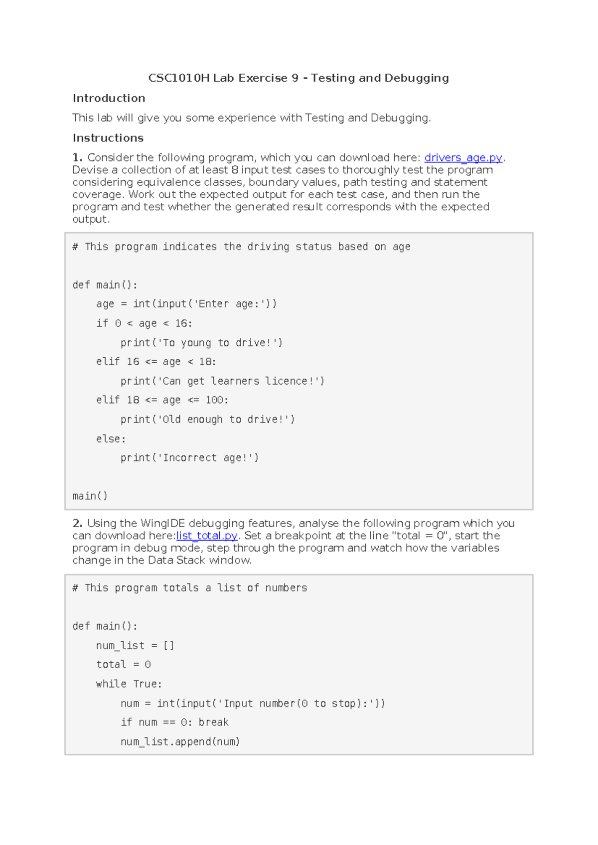 CSC1010H Lab Exercise 9 testing and debugging - CSC1010H Lab Exercise 9 ...