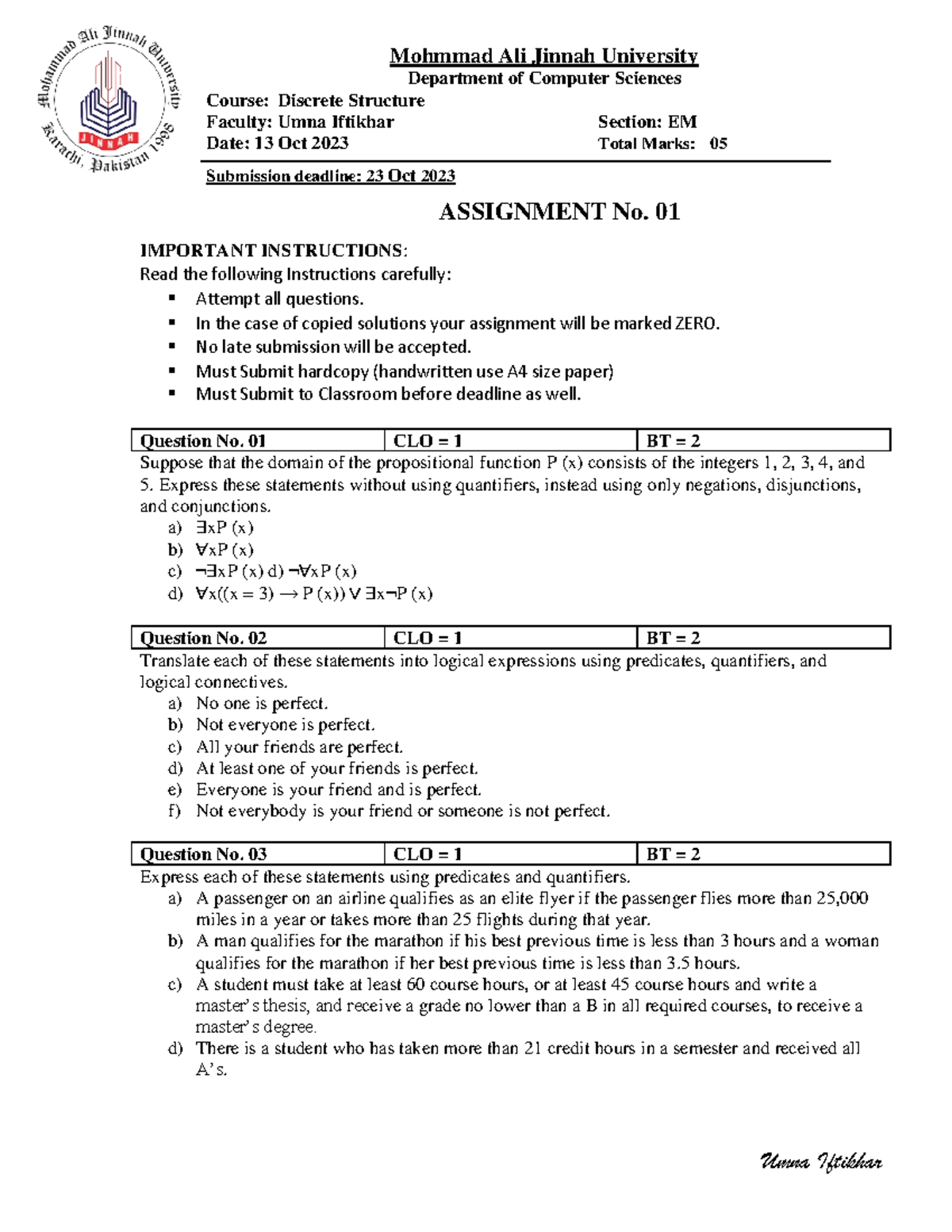 Assignment 01 EM - Umna Iftikhar Mohmmad Ali Jinnah University Department of Computer Sciences ...