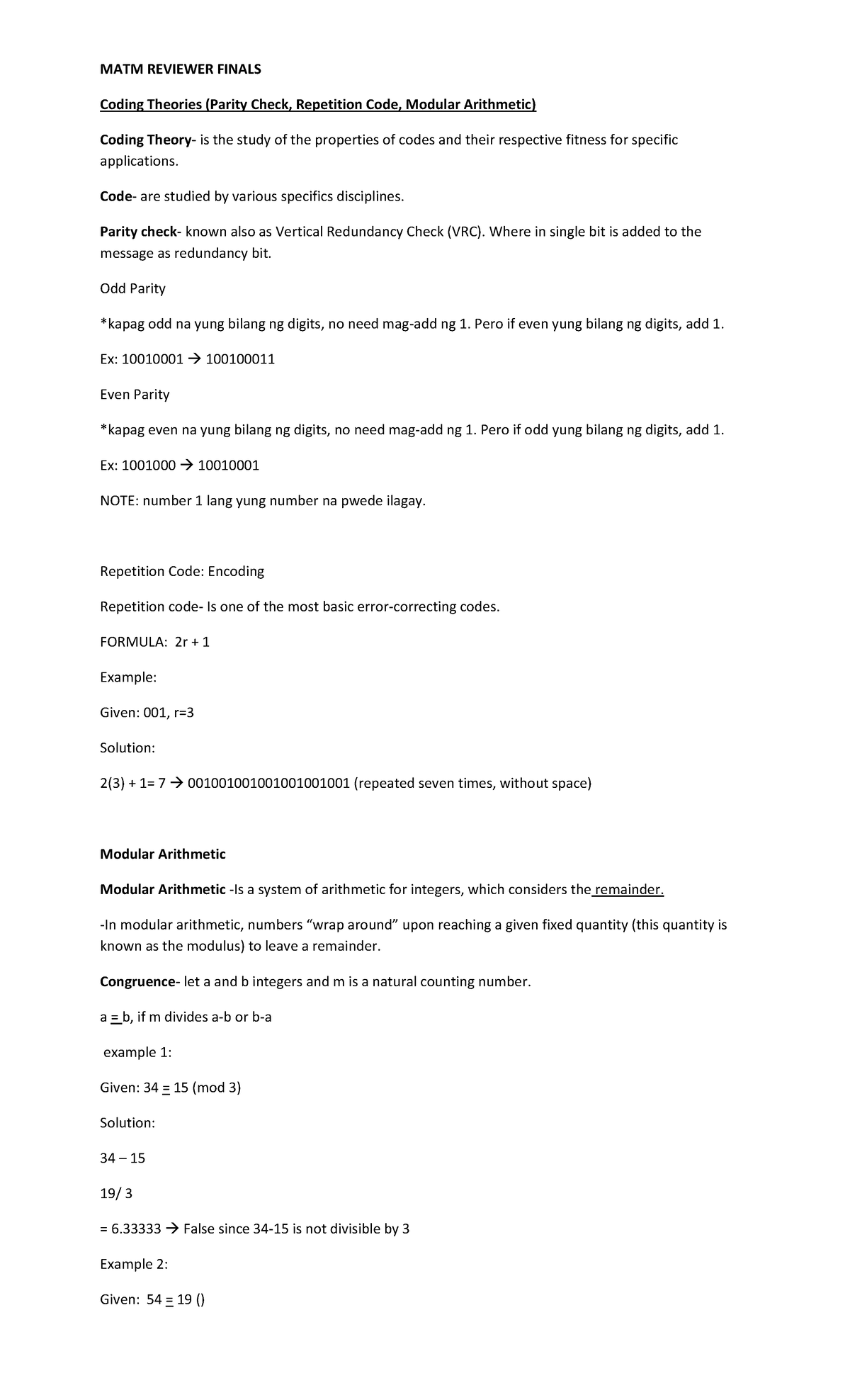 MATM- Reviewer- Finals - MATM REVIEWER FINALS Coding Theories (Parity ...