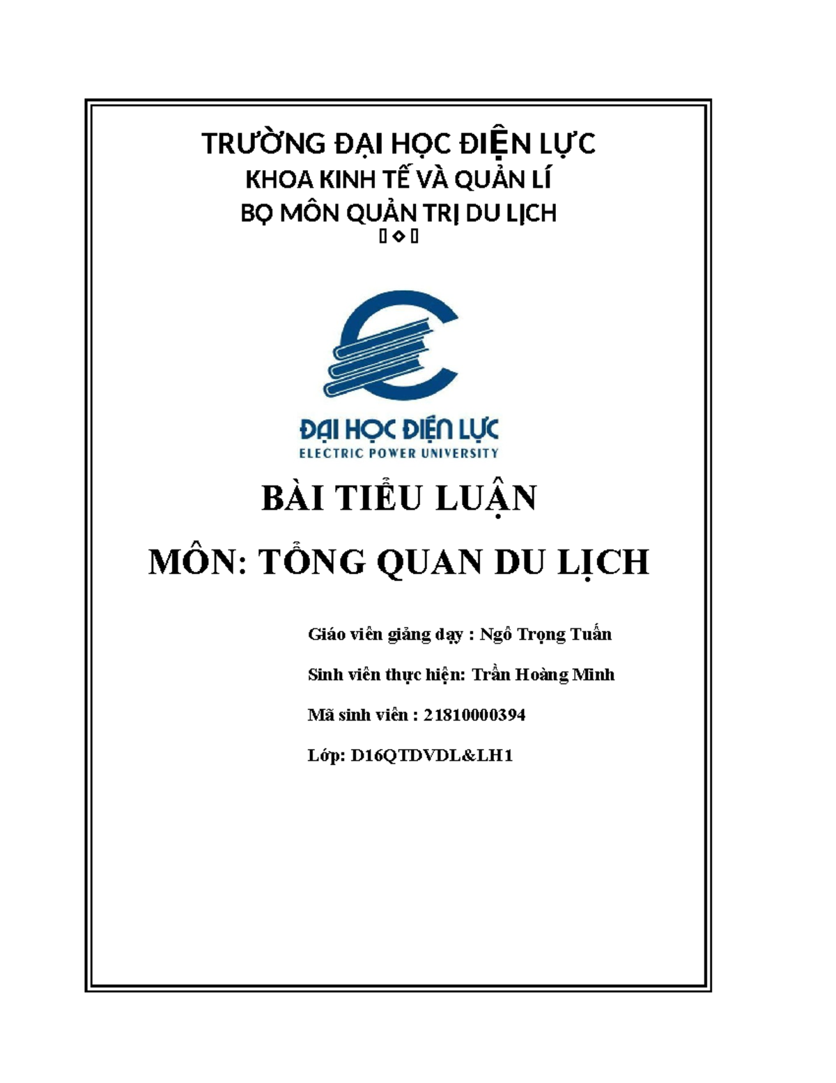 Bìa-epu - TRƯỜNG ĐẠI HỌC ĐI N LỰCỆ KHOA KINH TẾ VÀ QUẢN LÍ BỘ MÔN QUẢN ...