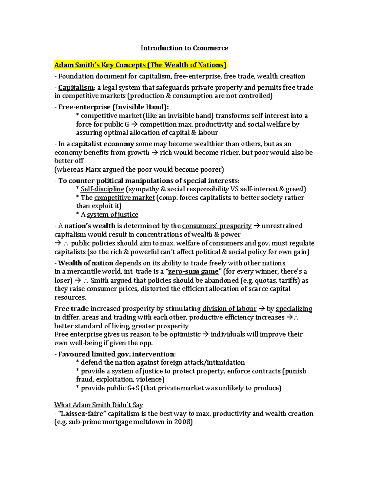 Lecture 1 Notes - Adam Smith’s Key Concepts - Introduction to Commerce ...