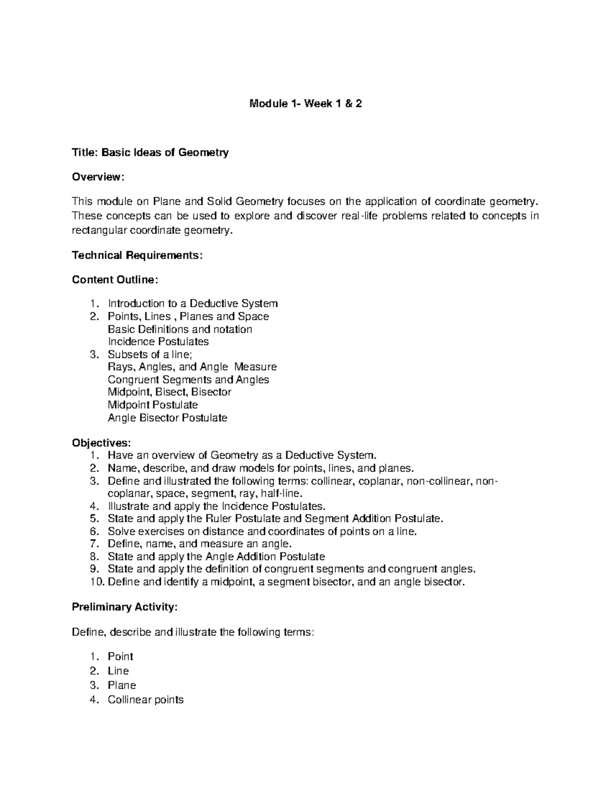 Module 1 Basic Ideas of Geometry - Module 1- Week 1 & 2 Title: Basic ...