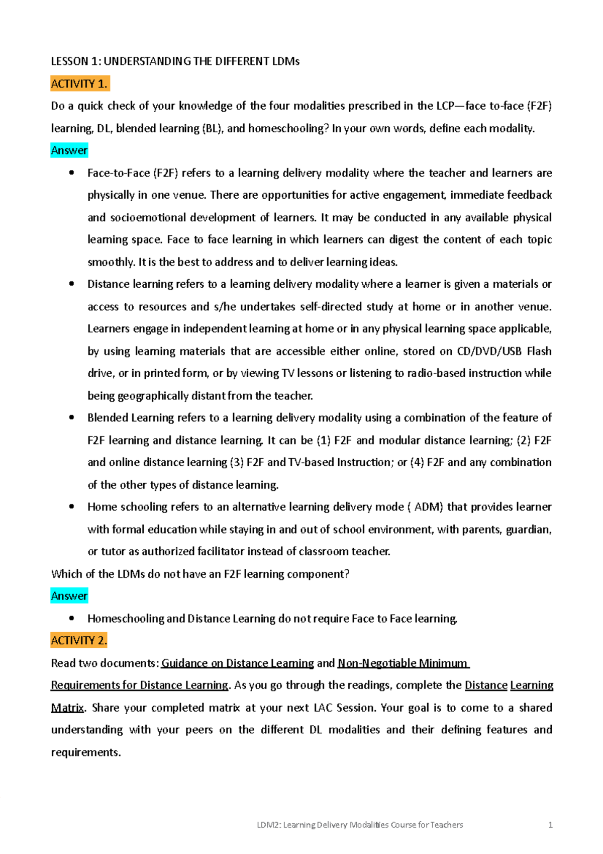 Module 3A - LESSON 1: UNDERSTANDING THE DIFFERENT LDMs ACTIVITY 1. Do a ...