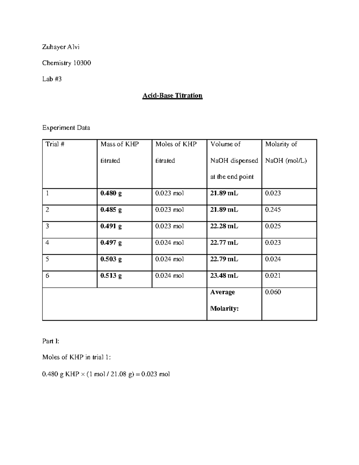 Chemistry LAB 3 - lab #3 - Zuhayer Alvi Chemistry 10300 Lab # Acid-Base ...