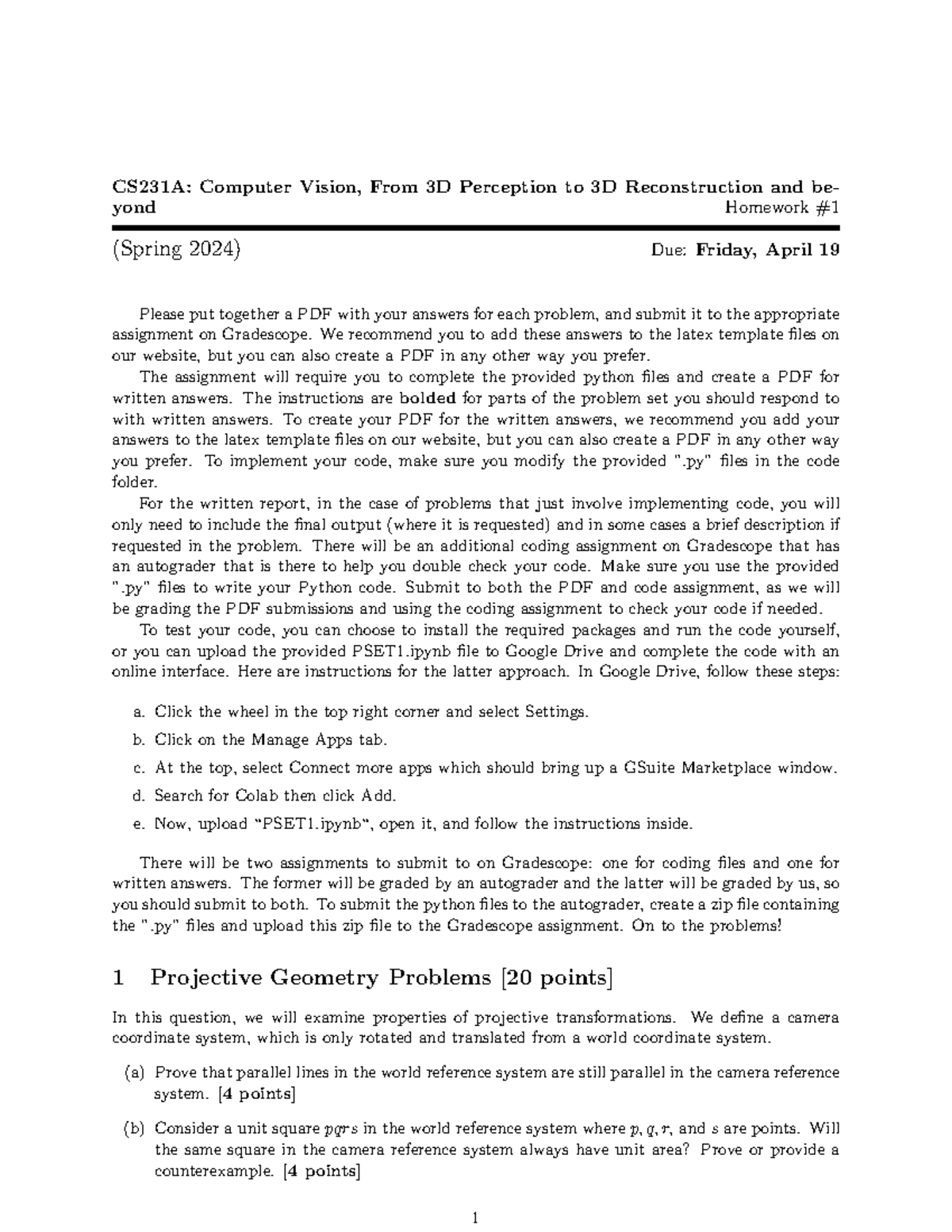 Ps1 - acvsvdsd - CS231A: Computer Vision, From 3D Perception to 3D Reconstruction and be- yond ...