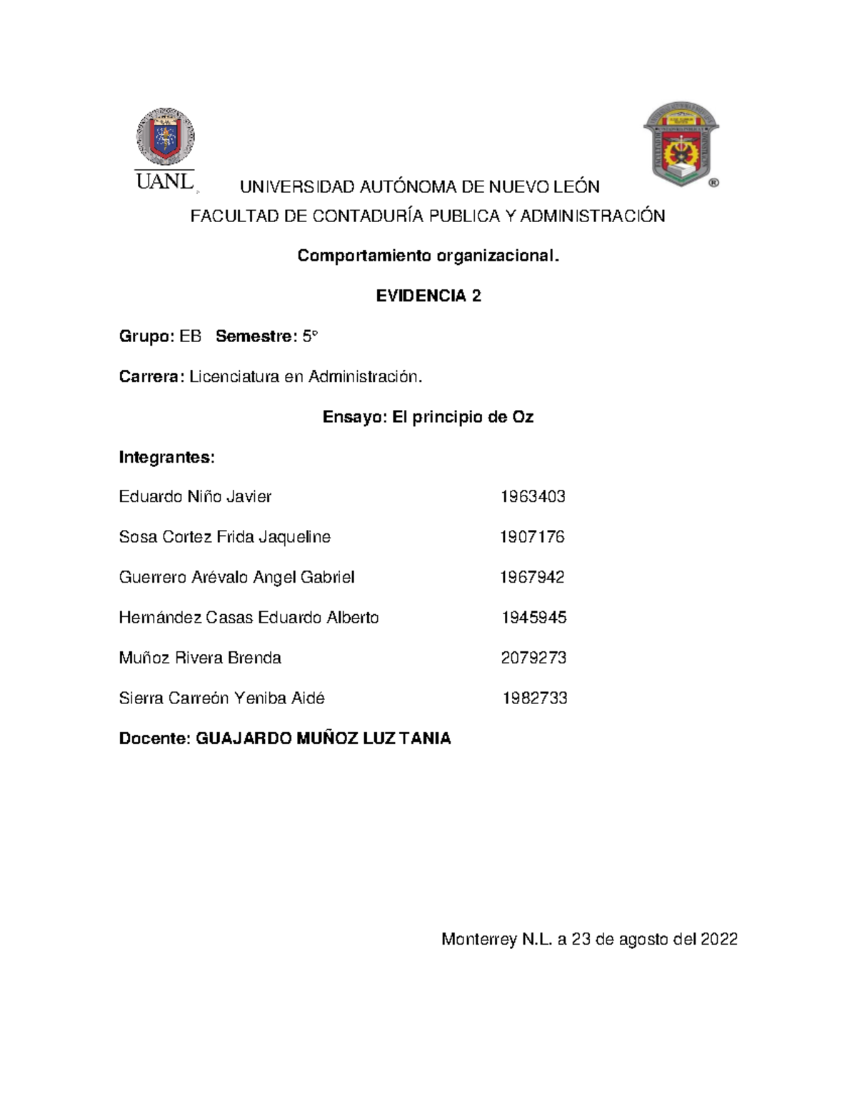 Ev2 Comporg Eq3 - De la tarea padrinos - UNIVERSIDAD AUTÓNOMA DE NUEVO LEÓN FACULTAD DE ...
