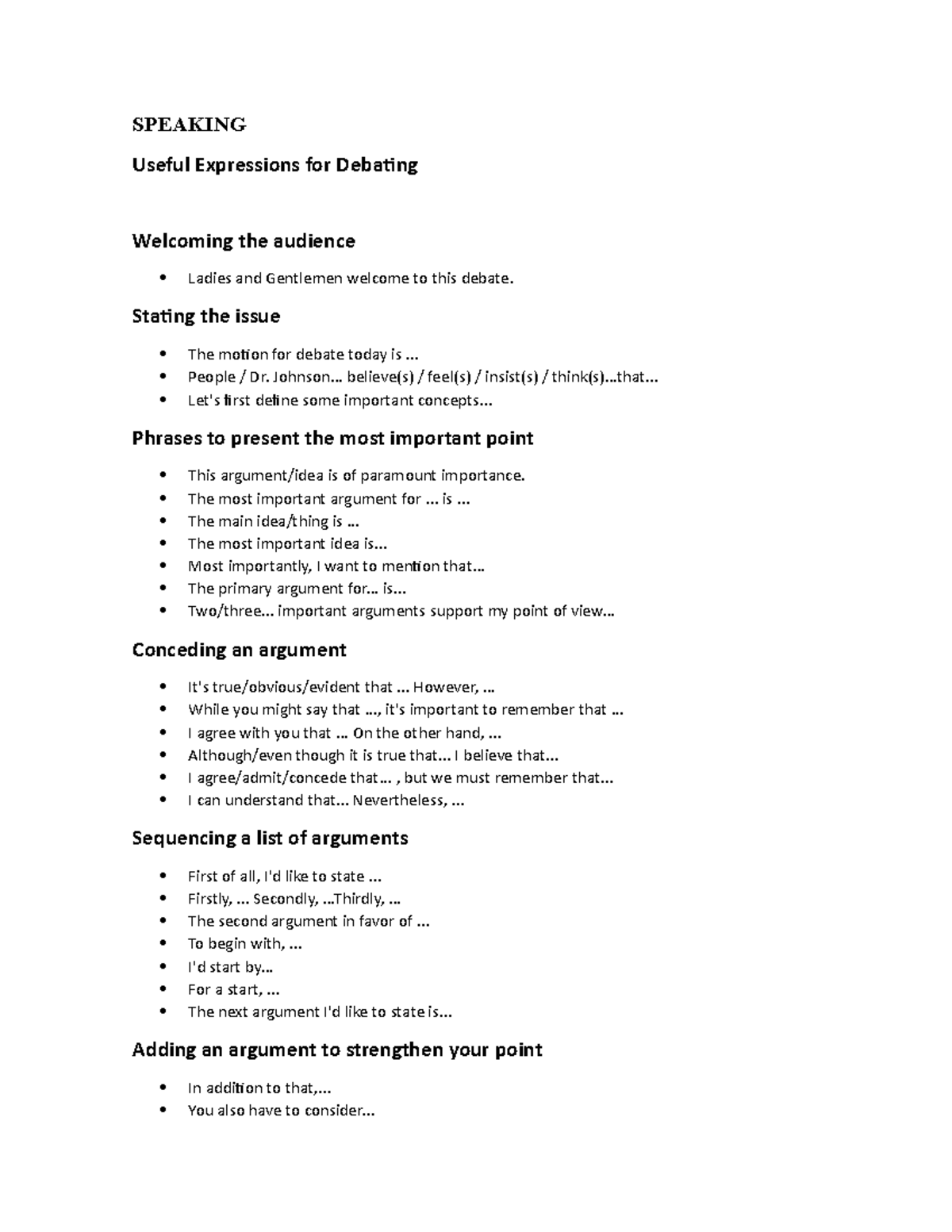 Speaking- Expressions FOR Debates - SPEAKING Useful Expressions for ...