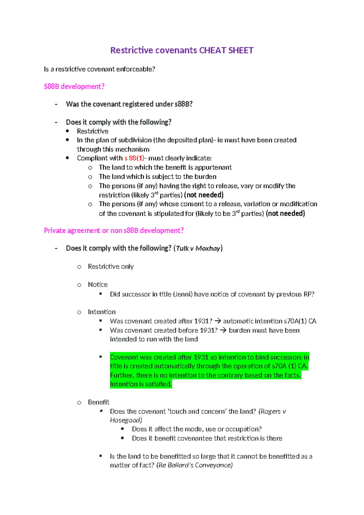 Restrictive covenants Cheat Sheet - Restrictive covenants CHEAT SHEET ...