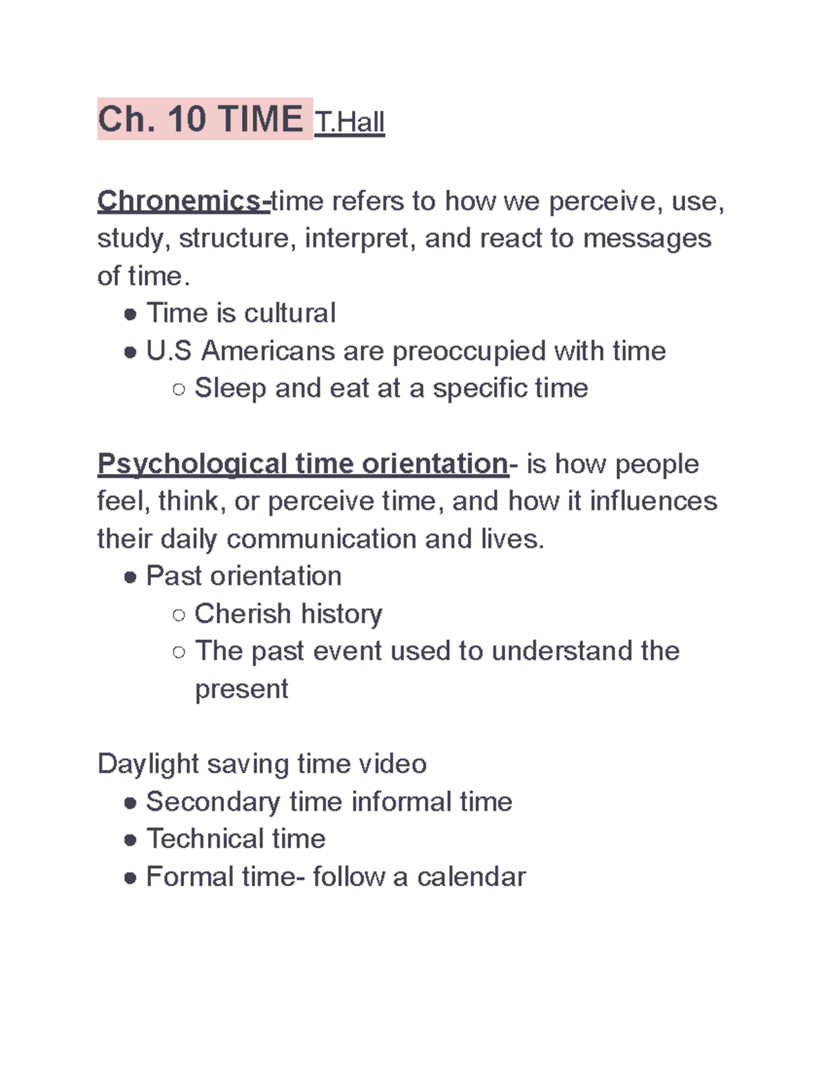 Comm 325 ch 10 time - Comm 325 ch 10 time - Ch. 10 TIME T Chronemics ...