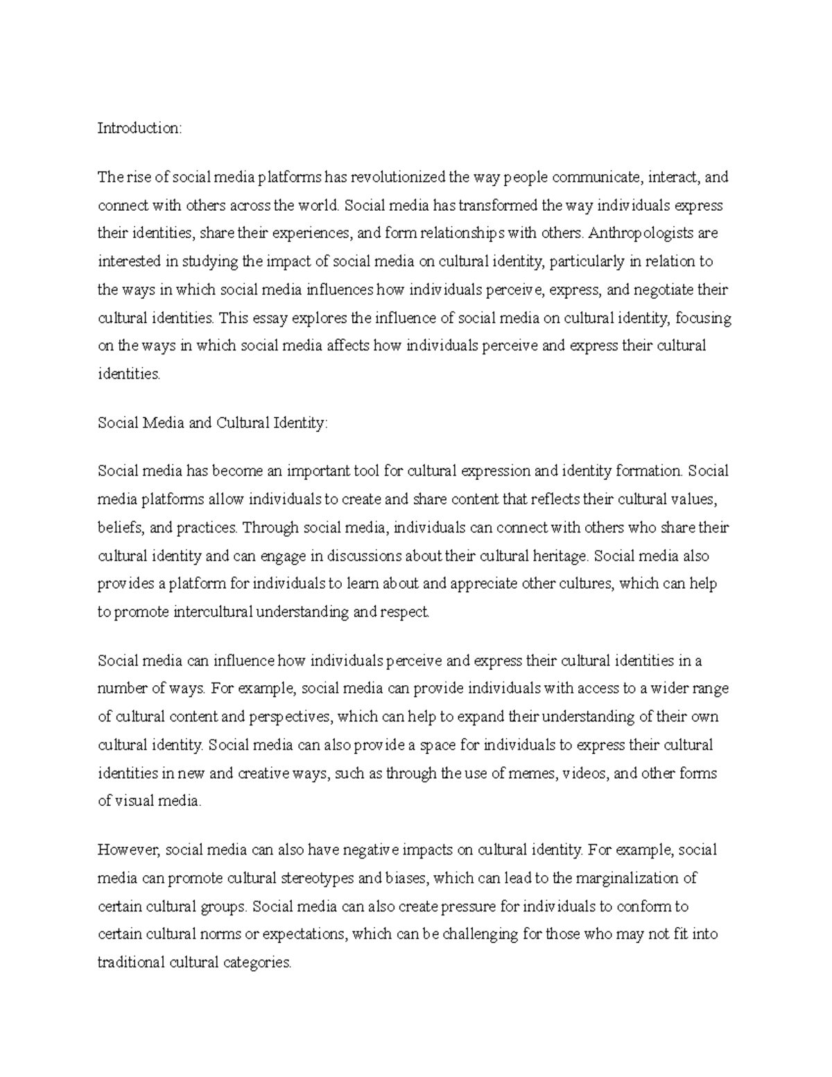 Title The Influence of Social Media on Cultural Identity - Introduction ...