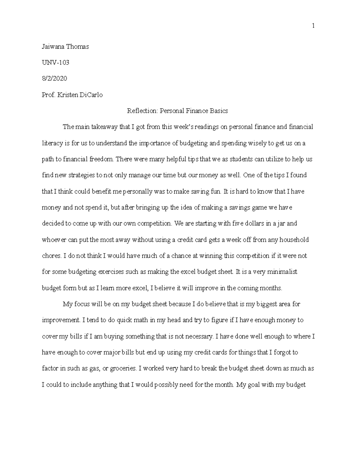 Reflection Personal Finance Basics - Jaiwana Thomas UNV- 8/2/ Prof ...