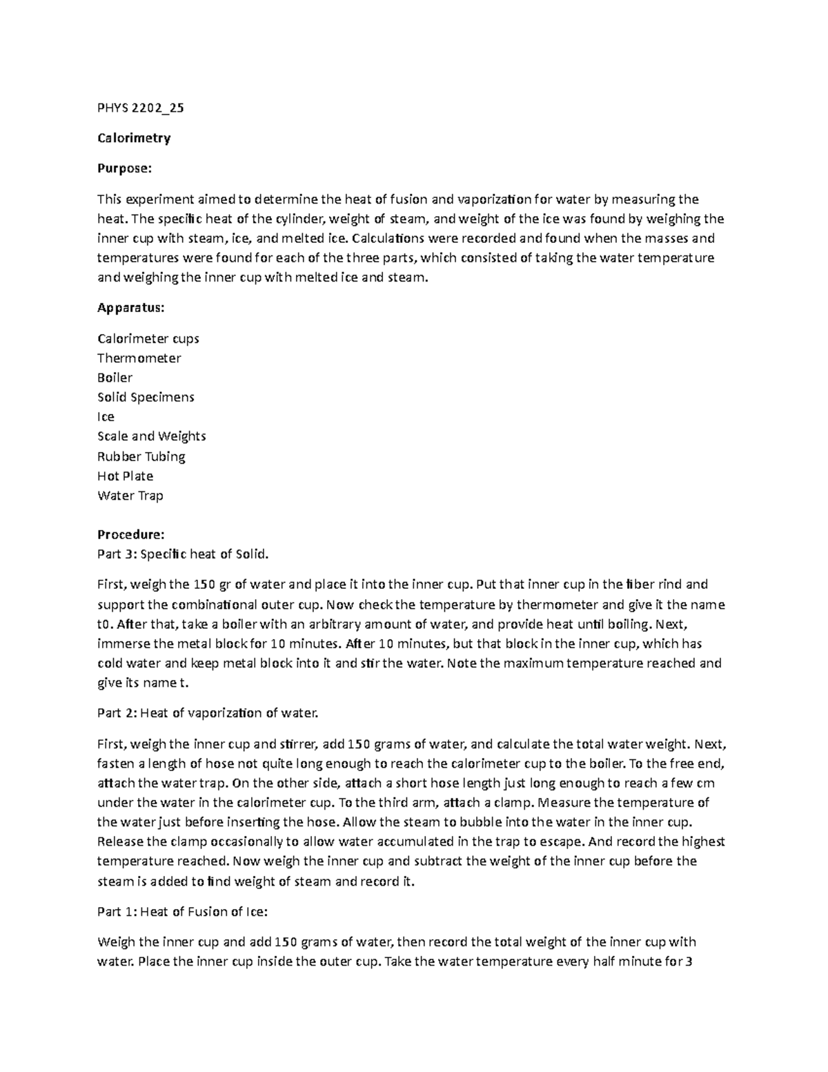 Calorimetry lab4 - PHYS 2202_ Calorimetry Purpose: This experiment ...