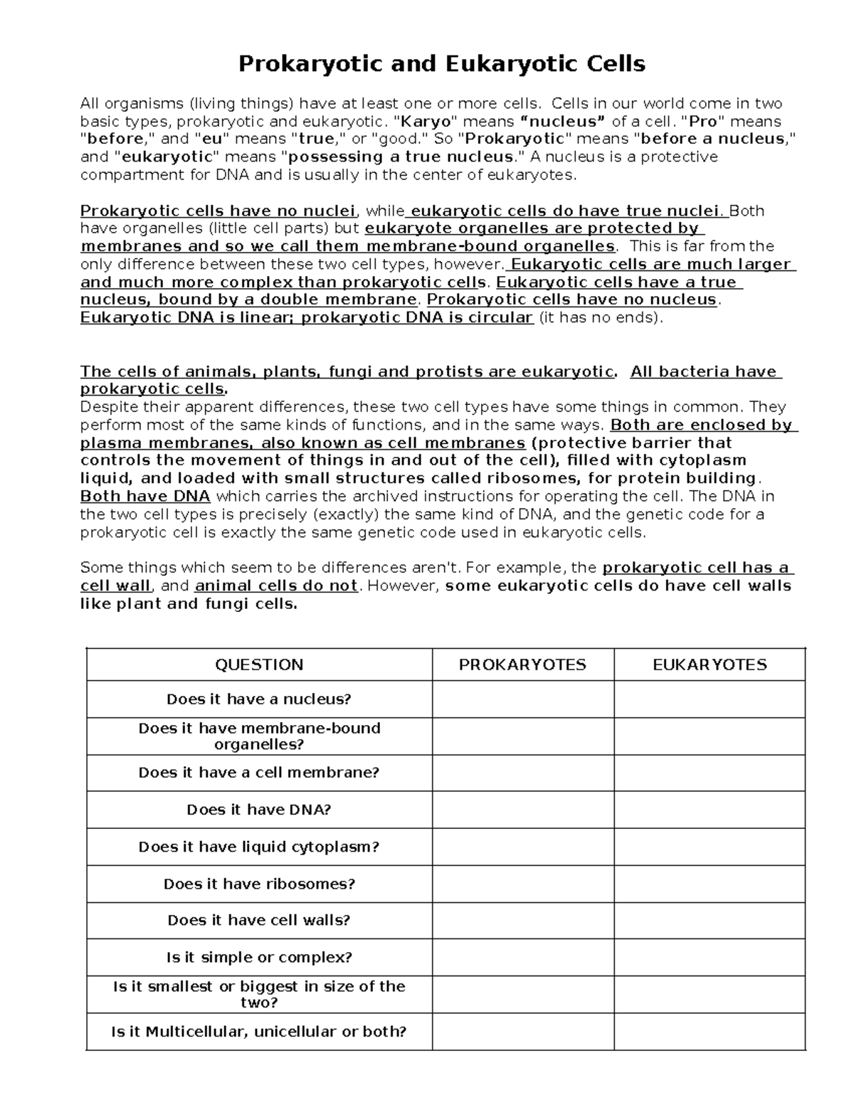 Prokaryotes and Eukaryotes worksheet - Prokaryotic and Eukaryotic Cells ...