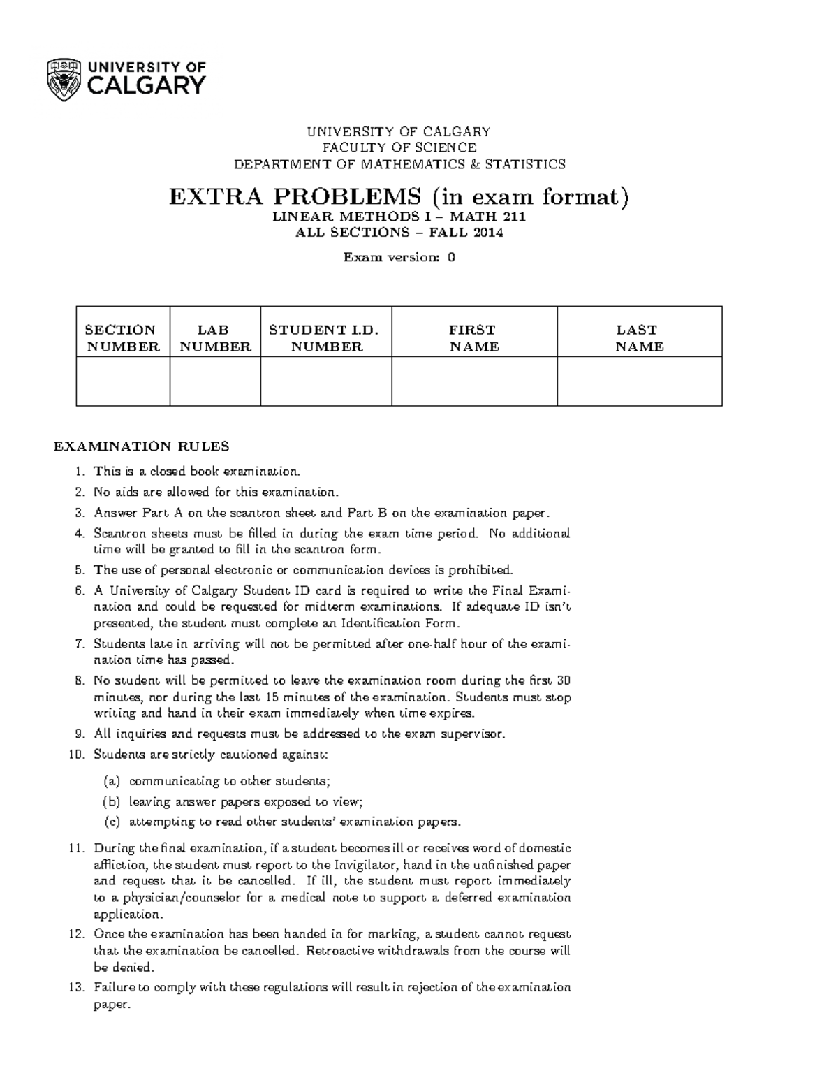 Math 211 Extra Det Problems - UNIVERSITY OF CALGARY FACULTY OF SCIENCE ...