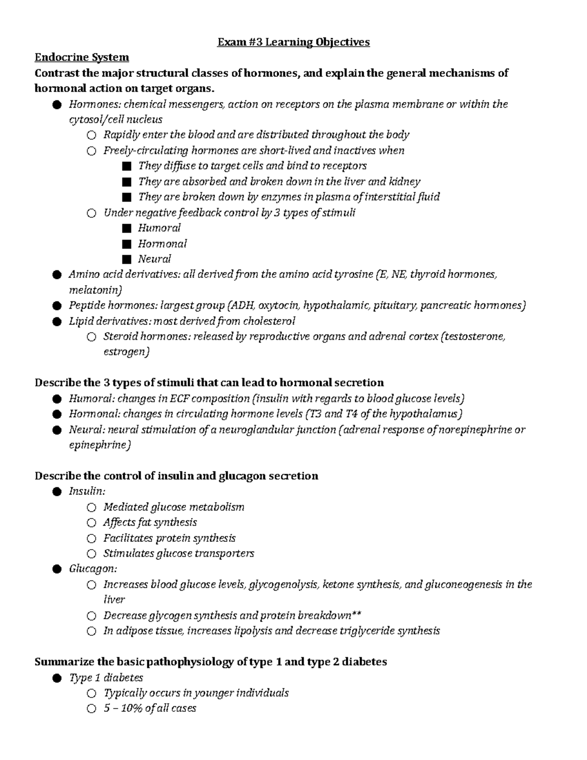 Final Exam Learning Objectives - Exam #3 Learning Objectives Endocrine ...