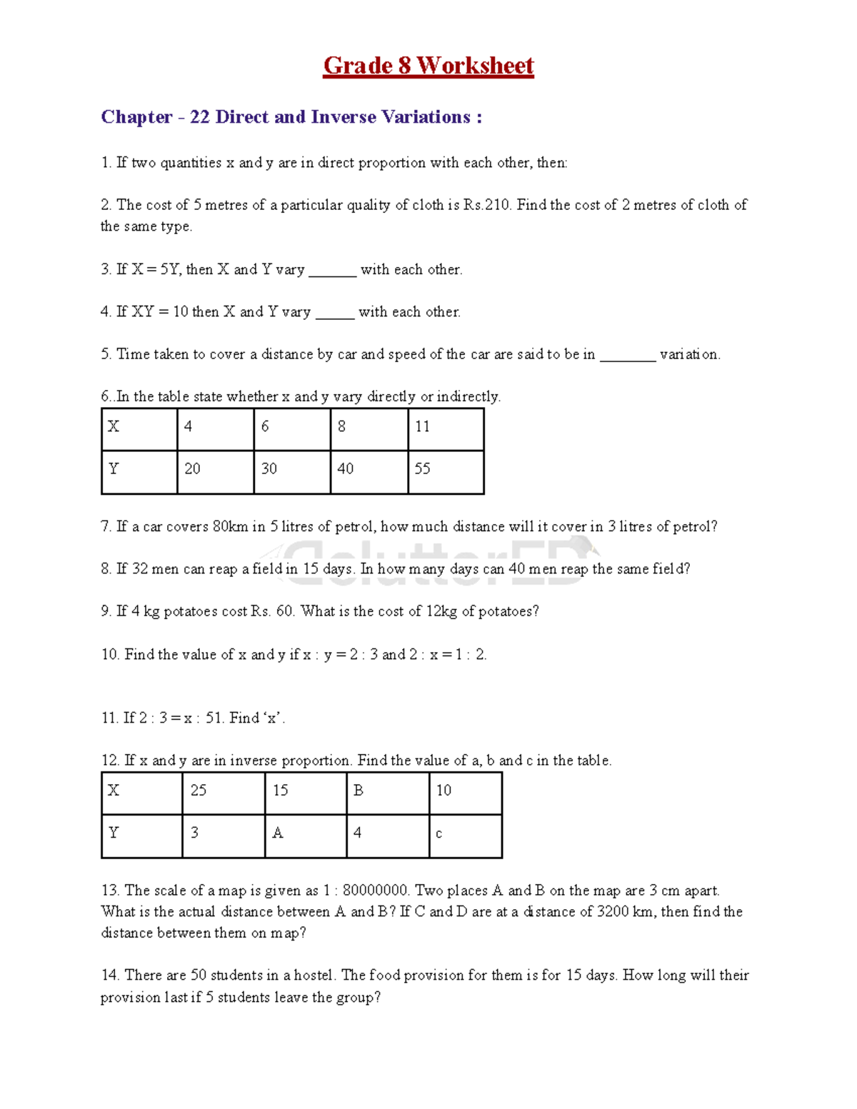 Chapter - 22 Direct and Inverse Variations - Grade 8 Worksheet Chapter ...