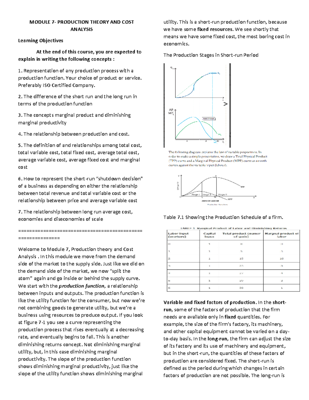 Economics notes from Module seven discrimination - MODULE 7- PRODUCTION ...
