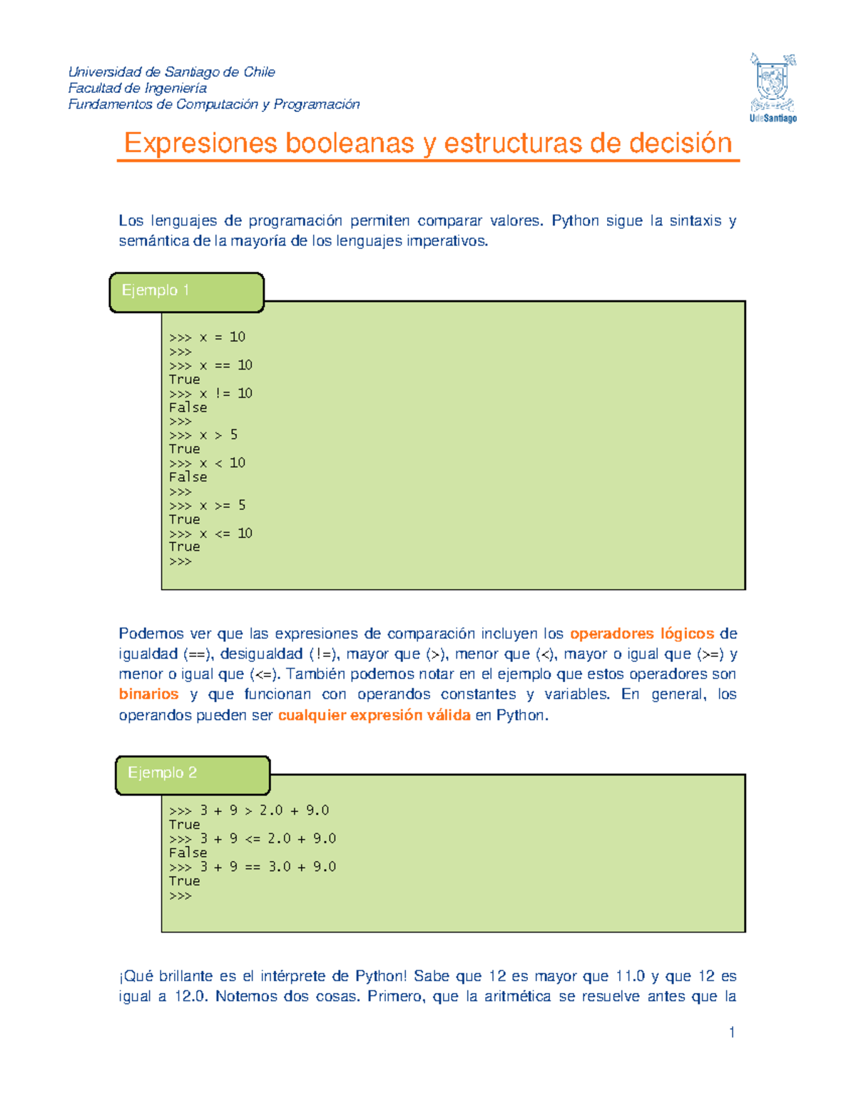 Expresiones booleanas y estructuras de desicion - Universidad de Santiago de Chile Facultad de ...