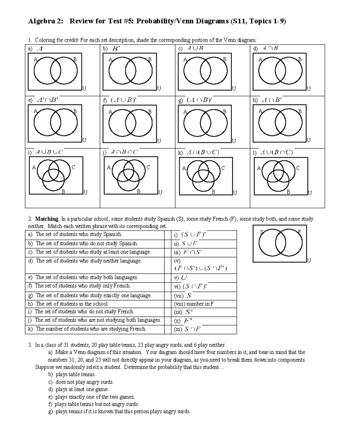 Algebra Review for Exam - Algebra 2: Review for Test #5: Probability ...