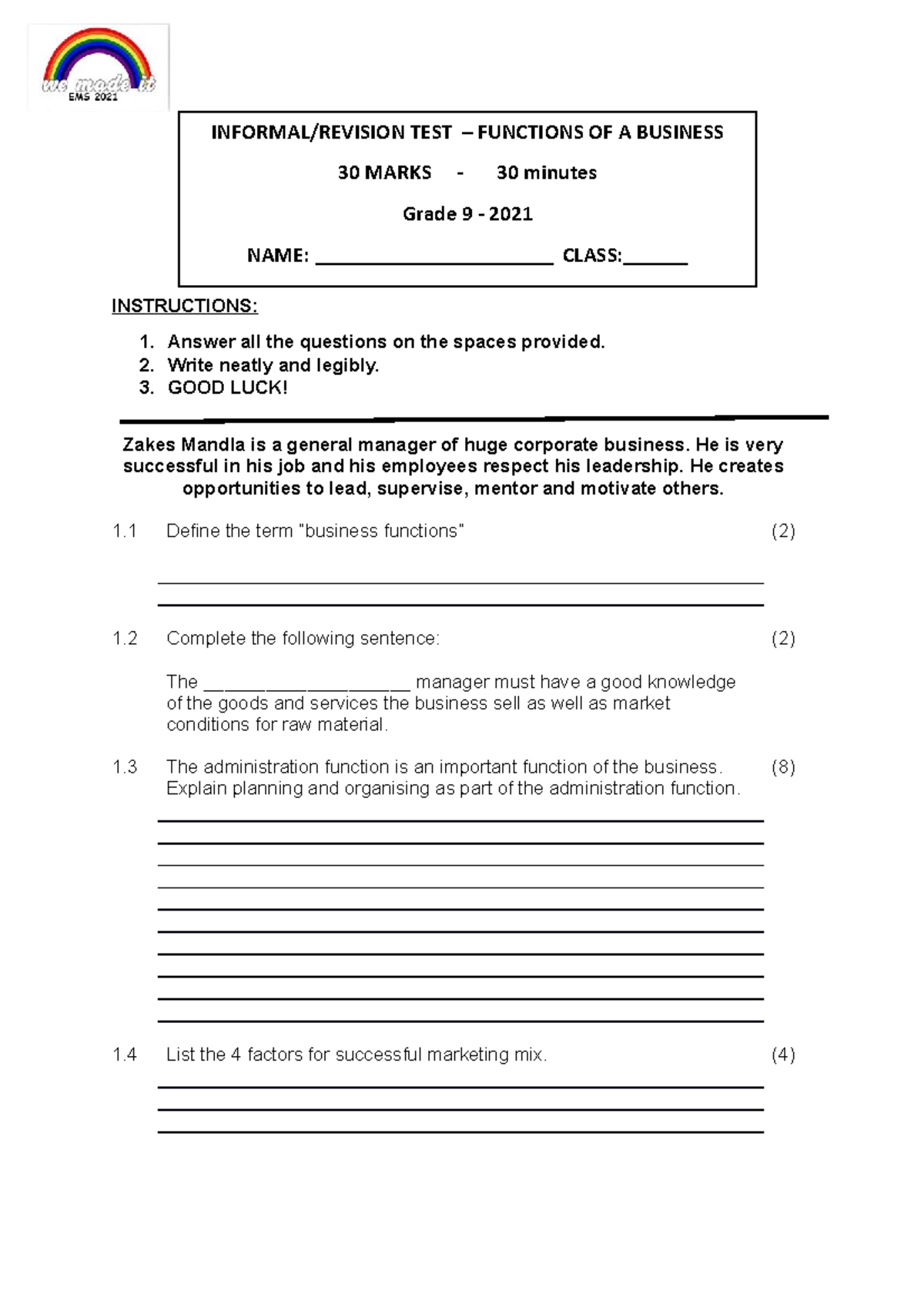 Gr 9 - Informal Test - Business Functions - INSTRUCTIONS: Answer all ...