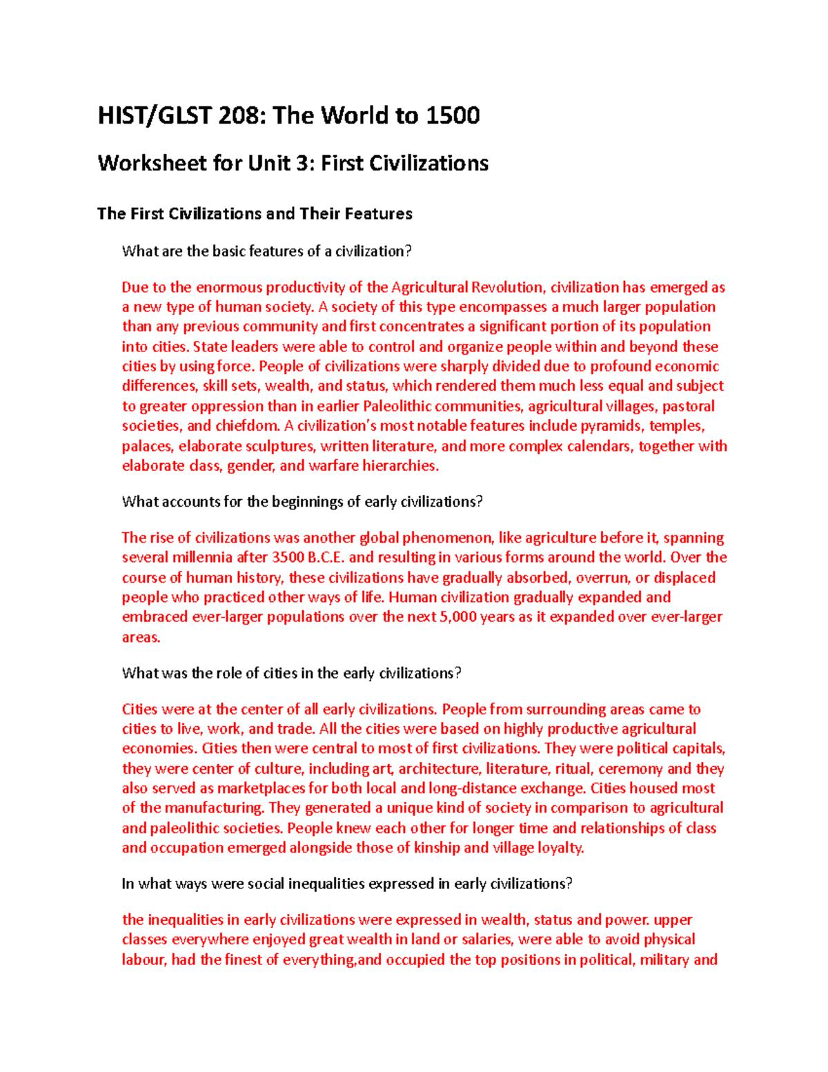 Worksheet unit03 - unit notes for unit 3 - HIST/GLST 208: The World to ...
