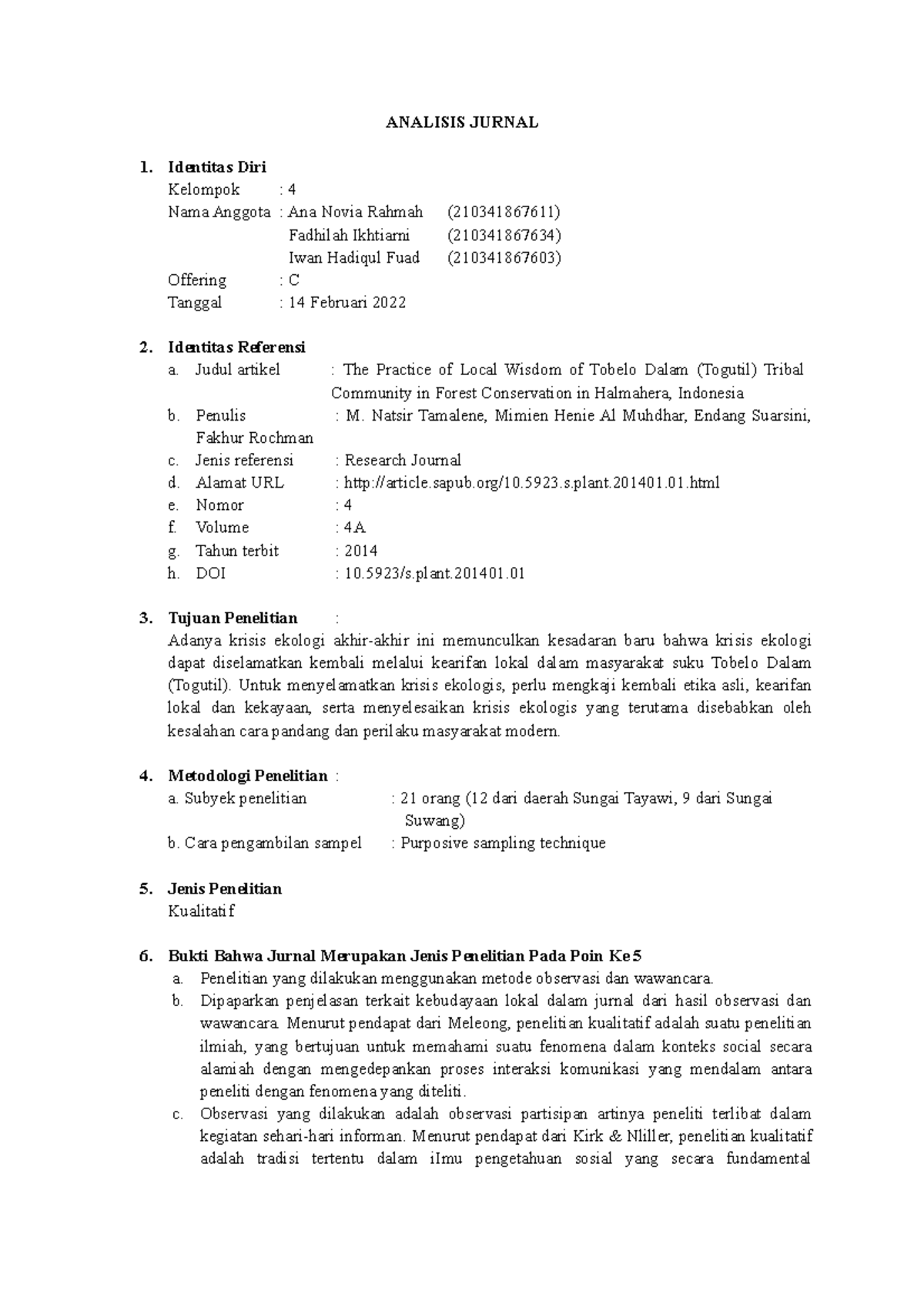Analisis Kelompok 4 - The Practice of Local Wisdom of Tobelo Dalam ...