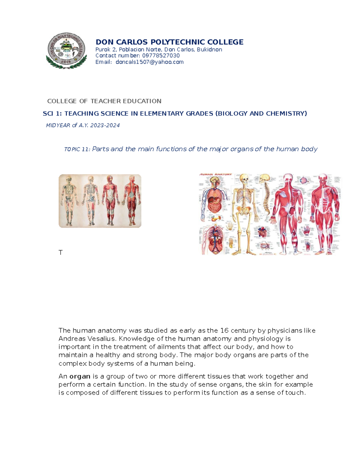 SCI 101 Topic 11 - Parts and main organ of human body - COLLEGE OF ...