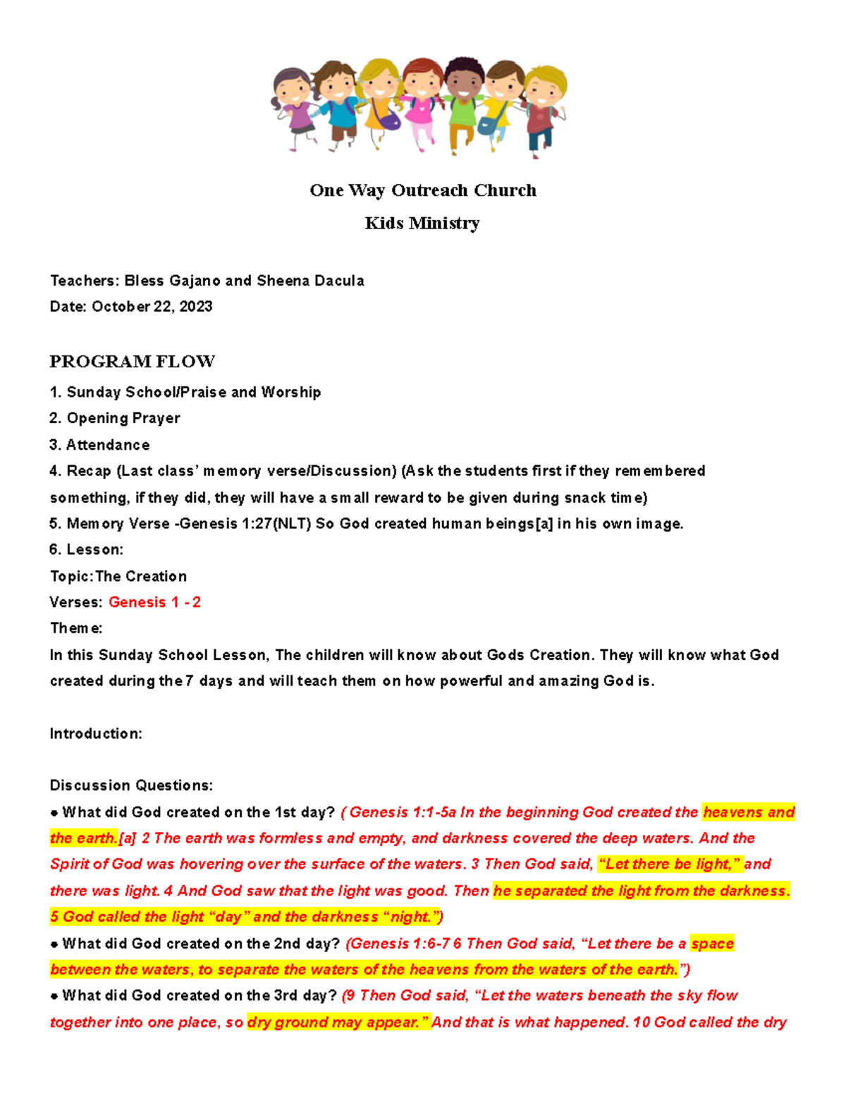 October 22 - Kids Lesson - One Way Outreach Church Kids Ministry ...