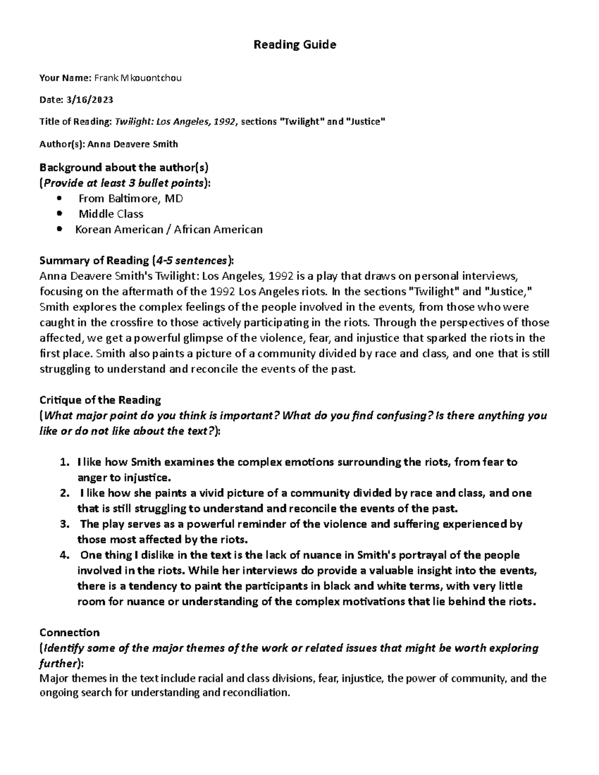 General Reading Guide - Othello Act 1 - Reading Guide Your Name: Frank ...