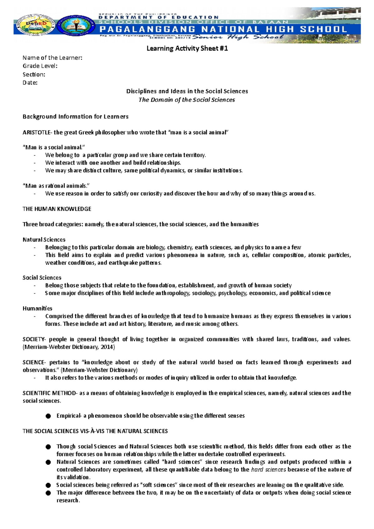 DISS LAS1 - SHD Activity Sheet - Learning Activity Sheet Name of the ...