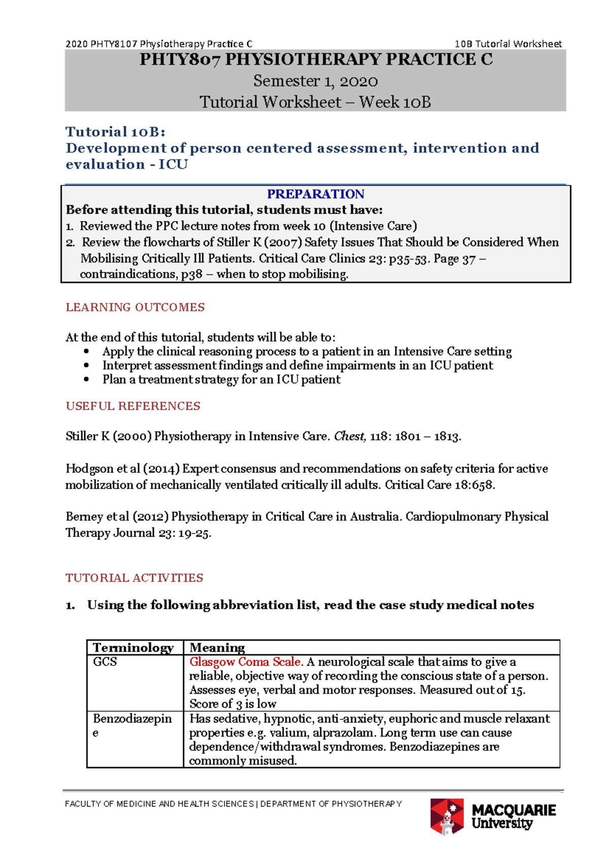 Tutorial B - PHTY807 PHYSIOTHERAPY PRACTICE C Semester 1, 2020 Tutorial Worksheet – Week 10B ...