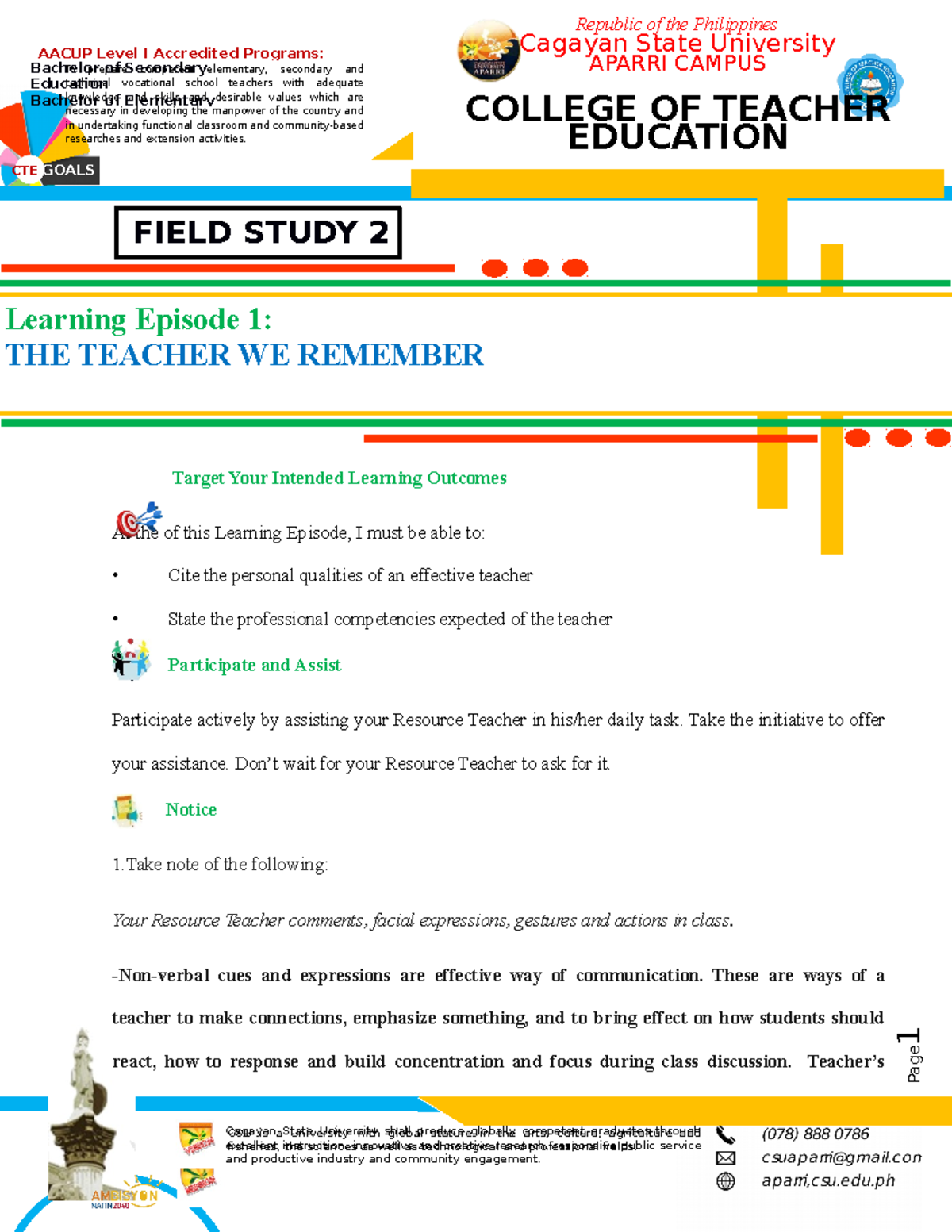 Field study 2 worksheet - APARRI CAMPUS COLLEGE OF TEACHER EDUCATION ...