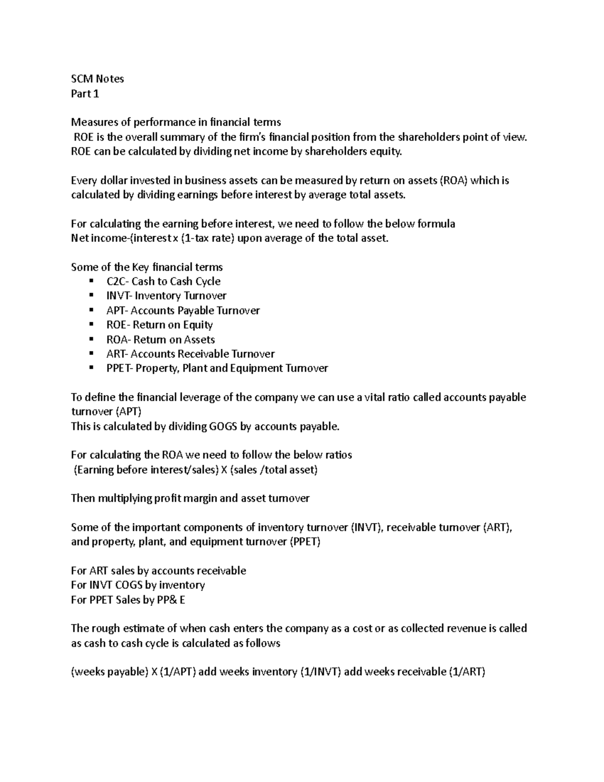 SCM part 1 - SCM - SCM Notes Part 1 Measures of performance in inancial ...