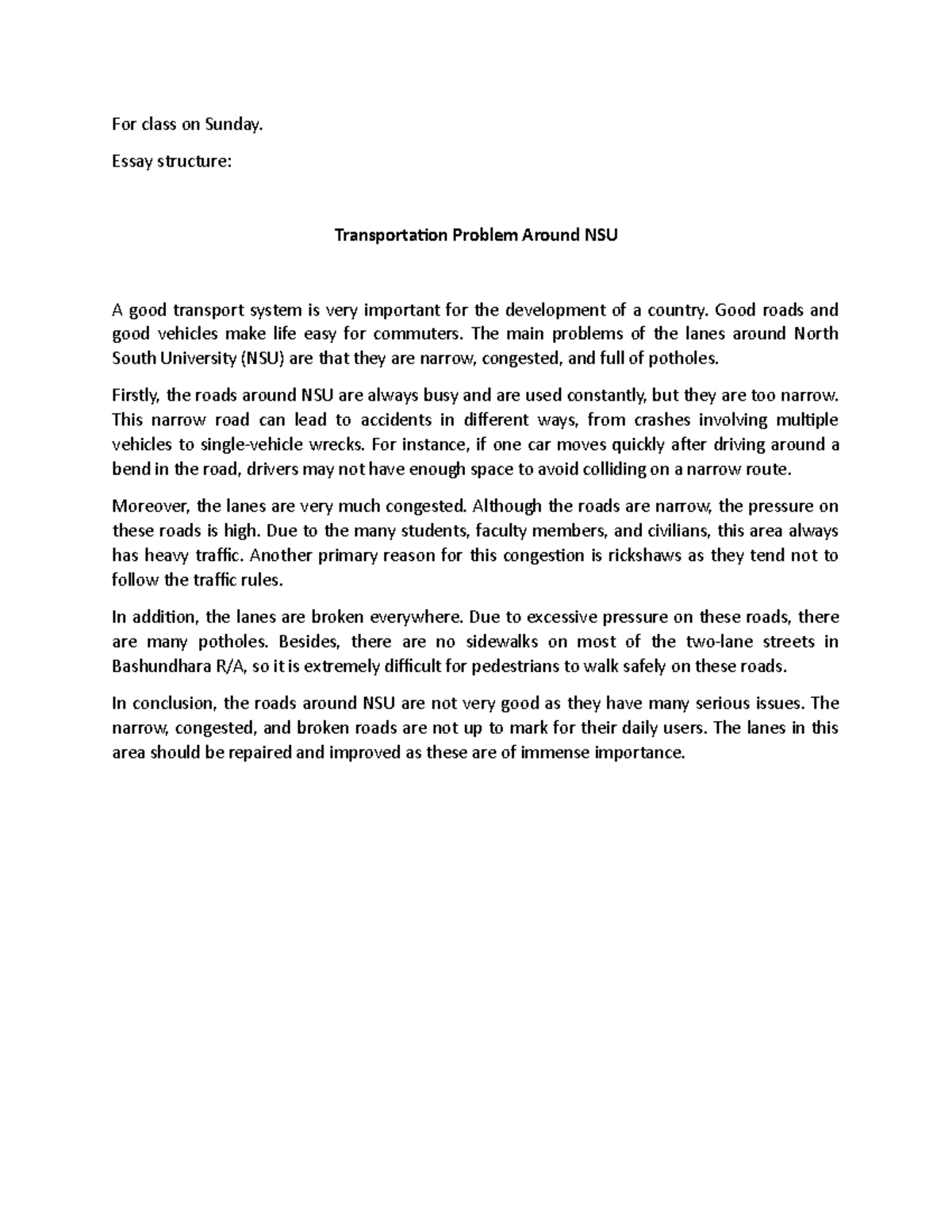 T4 Essay Transportation Problem Around NSU (Eng 103) - For class on ...