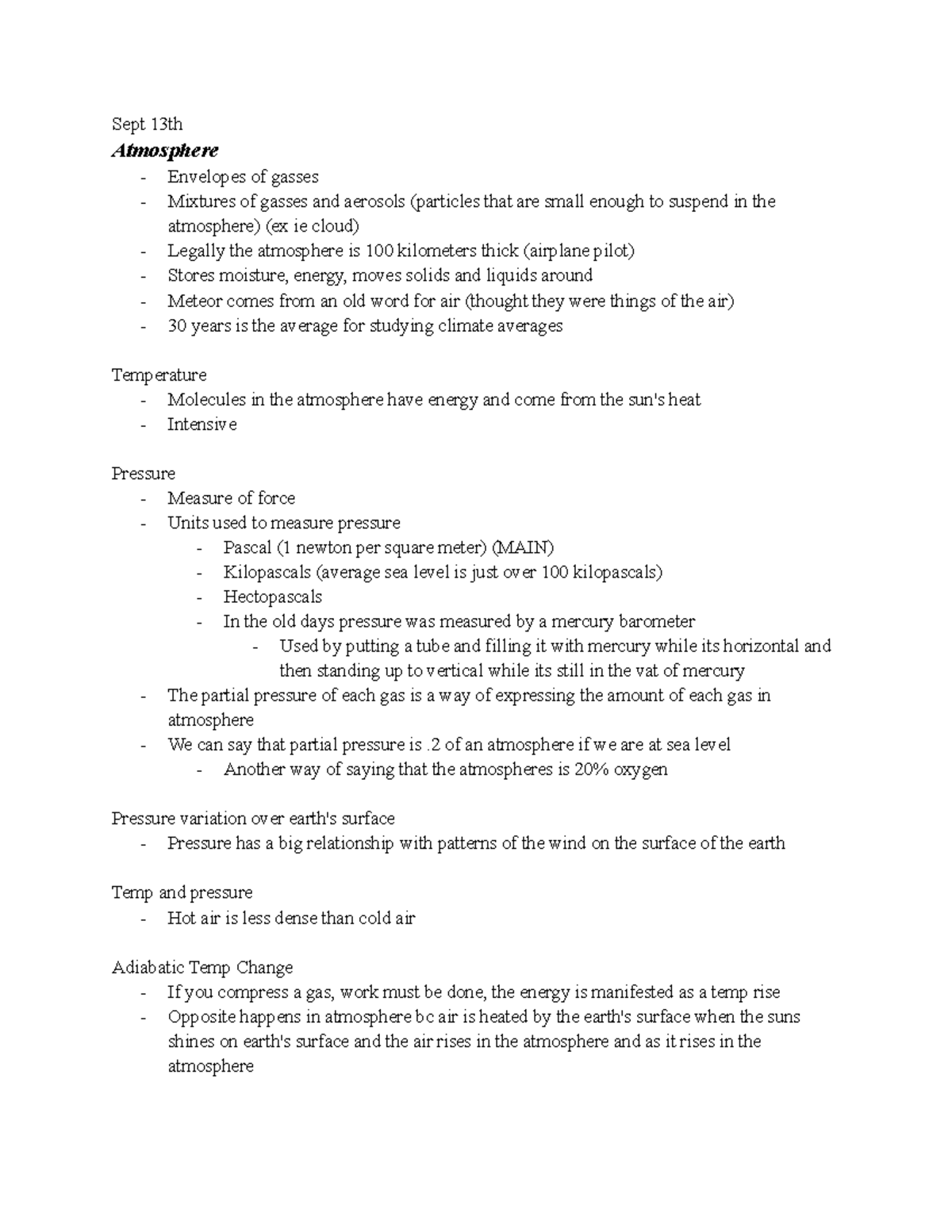 EAS 100 Notes - Sept 13th Atmosphere - Envelopes of gasses - Mixtures ...