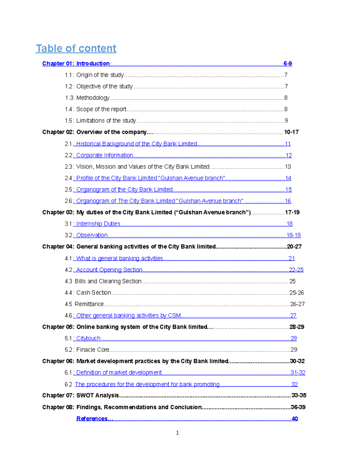 “General Banking Activities of The City Bank” - Table of content ...
