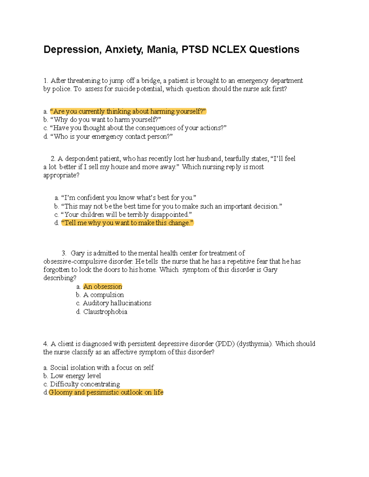 Answers to Nclex Questions Depression, Anxiety, Mania, and PTSD ...