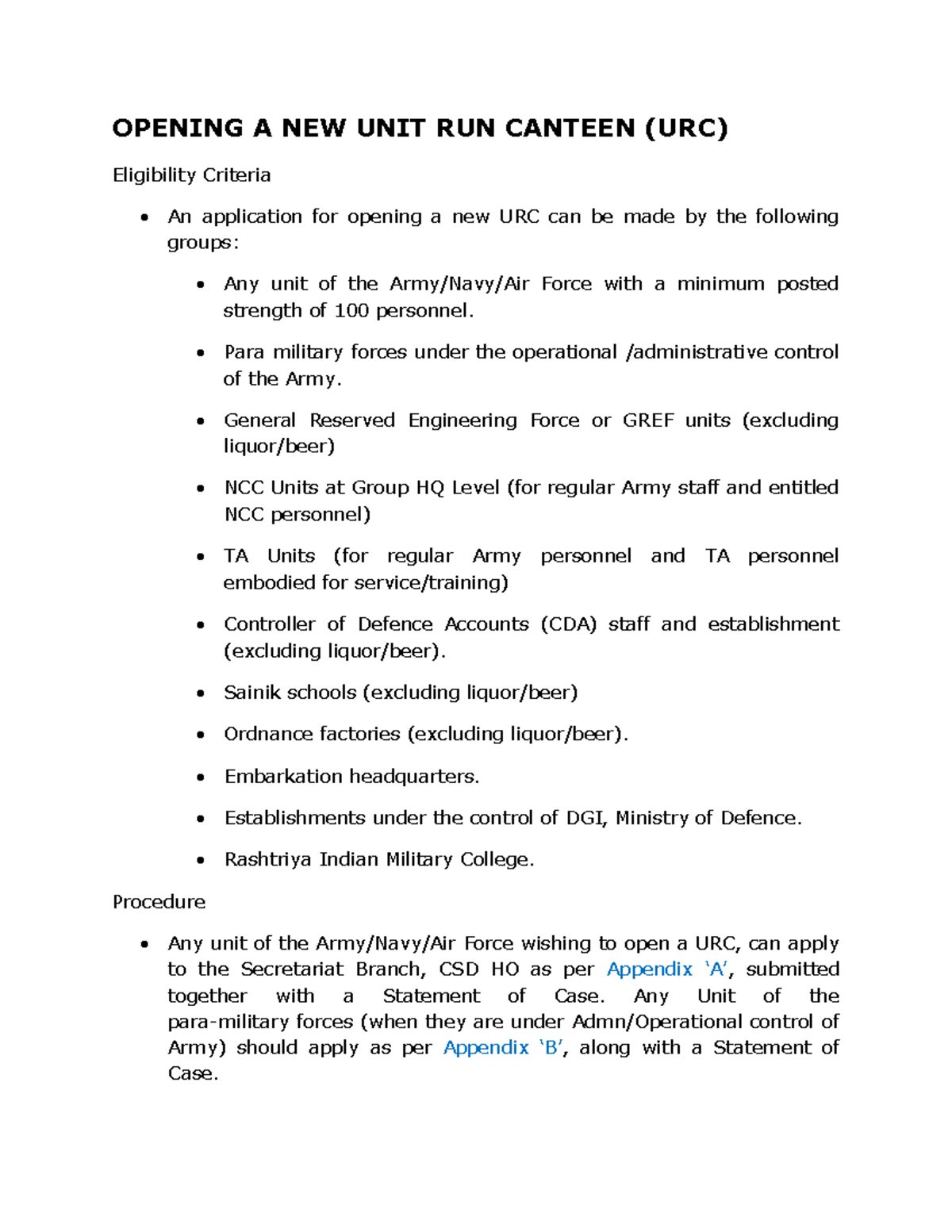 Eligibility OF Opening A NEW UNIT RUN Canteen - OPENING A NEW UNIT RUN ...